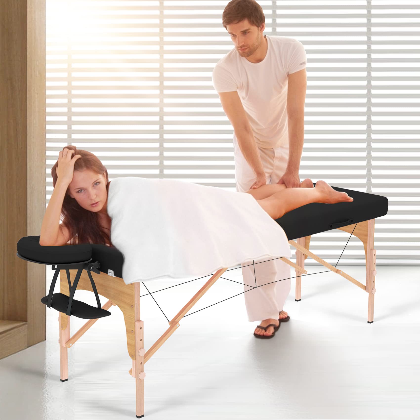 Aufvolr Professional Massage Table with Carrying Case, 84" Portable 2 Wooden Folding Massage Bed, Spa Bed Adjustable Height Salon Bed Face Cradle Bed Tattoo Bed Lash Bed for Eyelash Extensions
