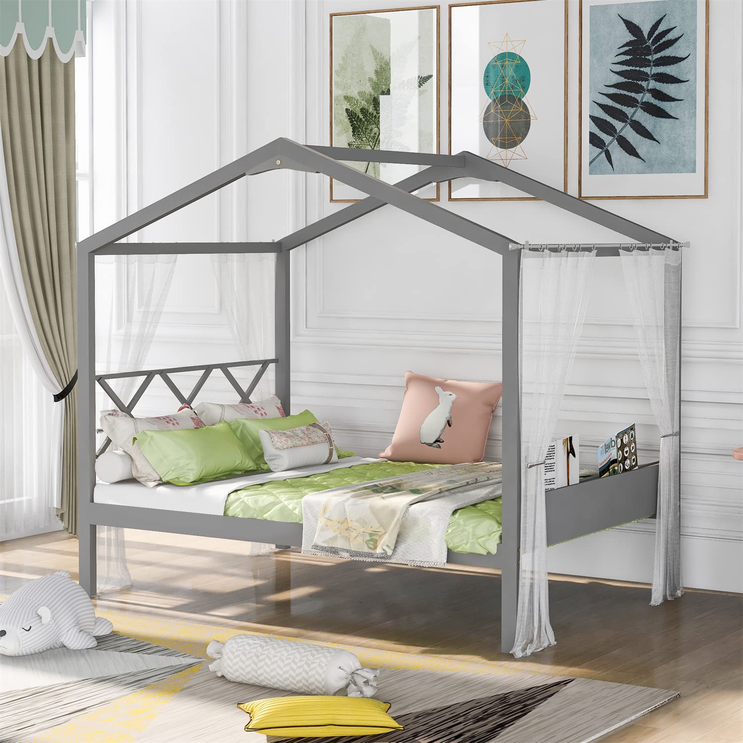 Bellemave Full Size House Beds Kids Montessori Bed with Headboard and Storage Footboard Wood Cabin Frame for Girls Boys Teens, Gray