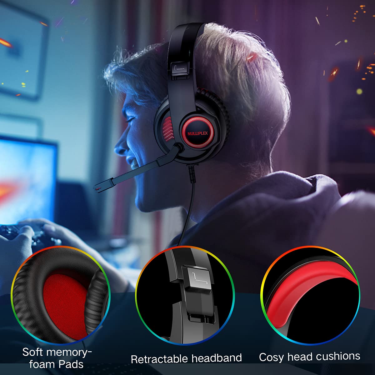 Gaming Headsets for Xbox One PC PS4 PS5 - Computer Over Ear Headphones with Noise Cancelling Mic & Stereo Sound for Nintendo Switch - Red