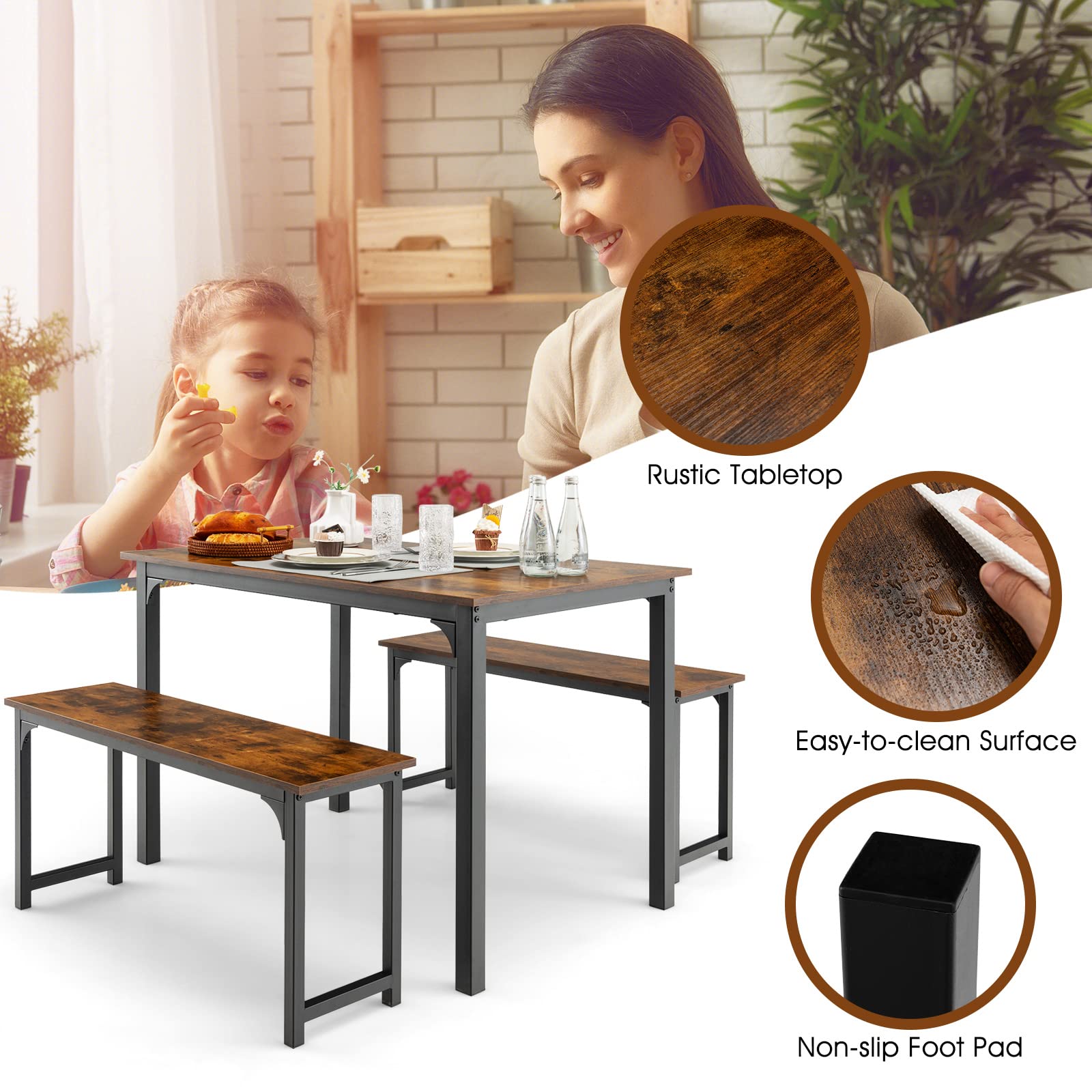LDAILY Moccha Dining Table Set for 4, 3-Piece Modern Breakfast Table Set with 2 Benches & Metal Frame, 43.5" Wood Kitchen Table Set, Space-Saving Dinette Set for Small Spaces, Dining Room, Natural
