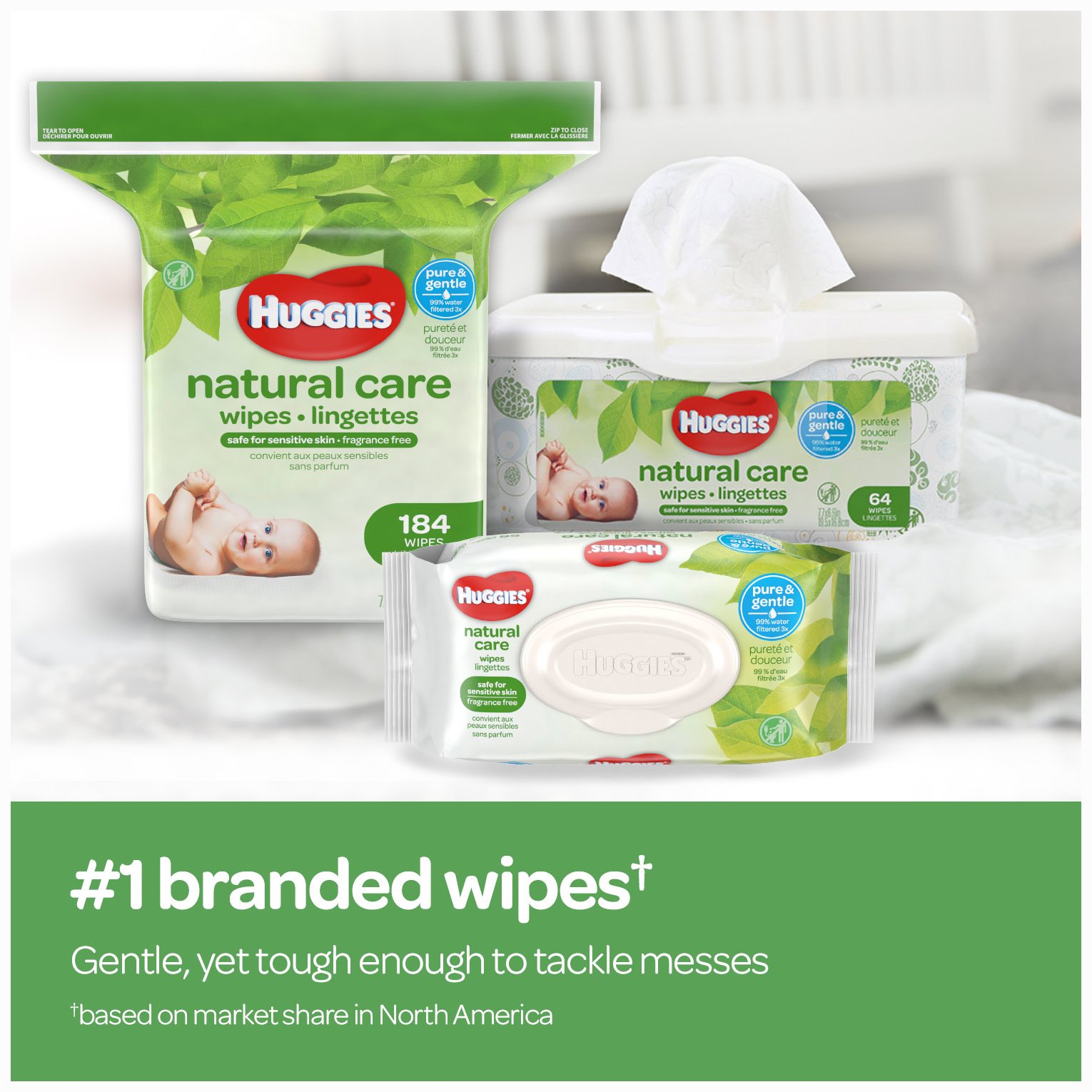 HUGGIES Natural Care Unscented Baby Wipes, Sensitive, Water-Based, 2 Refill Packs, 368 Count Total