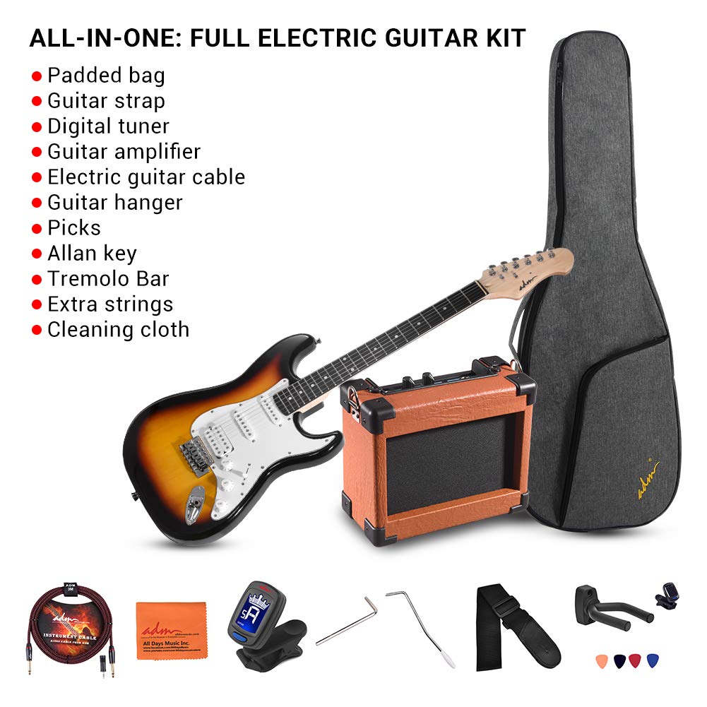 ADM Electric Guitar Beginner Kit 39 Inch Full Size Sunburst, Starter Package with Amplifier, Bag, Strap, String, Tuner, Cable and Picks (Sunburst)