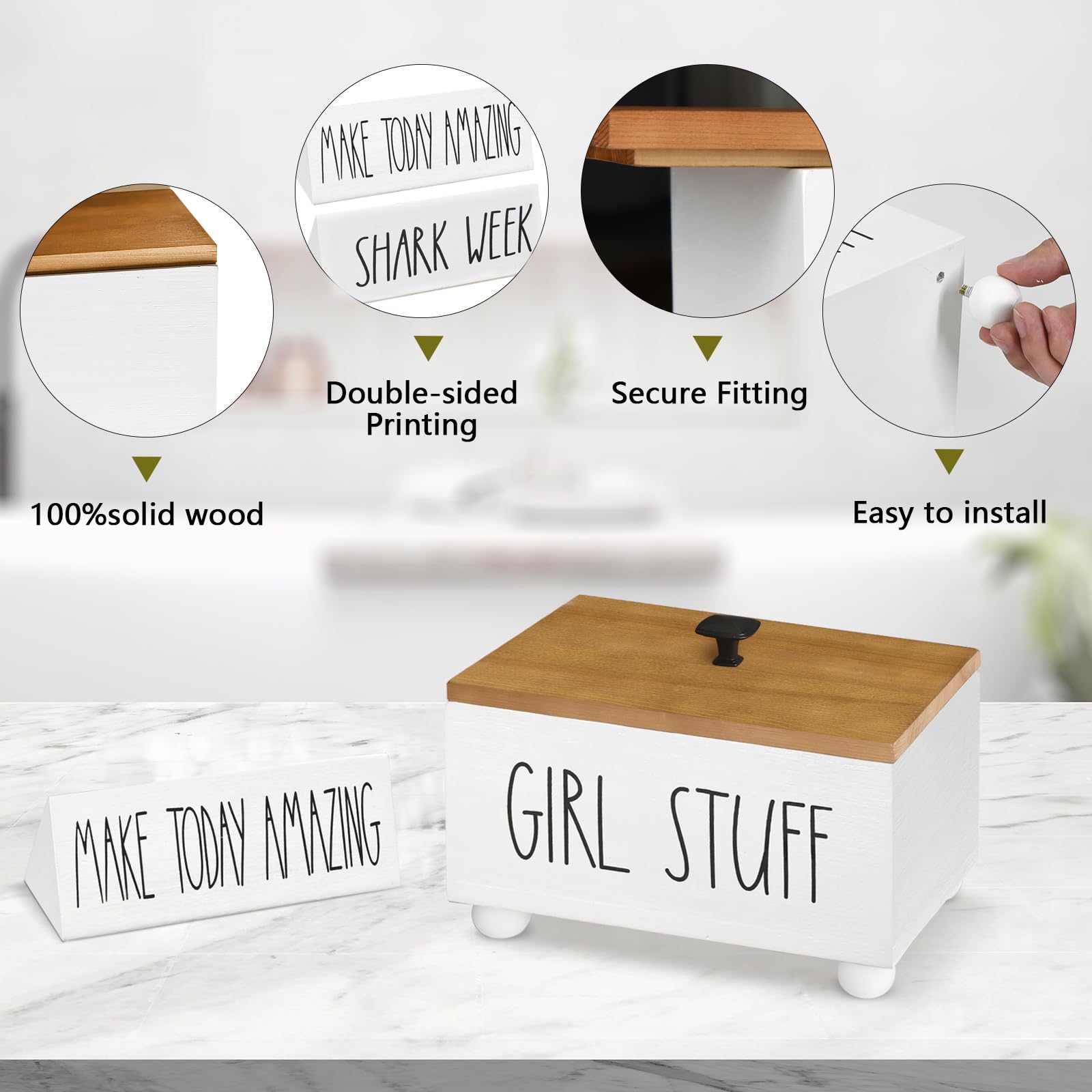 Tampon Holder for Bathroom, Tampon and Pad Holder Organizer with Lid, Tampon and Pad Storage Container with Decorative Bathroom Wooden Sign for Bathroom Accessories,Feminine Products Caddy (White 2)