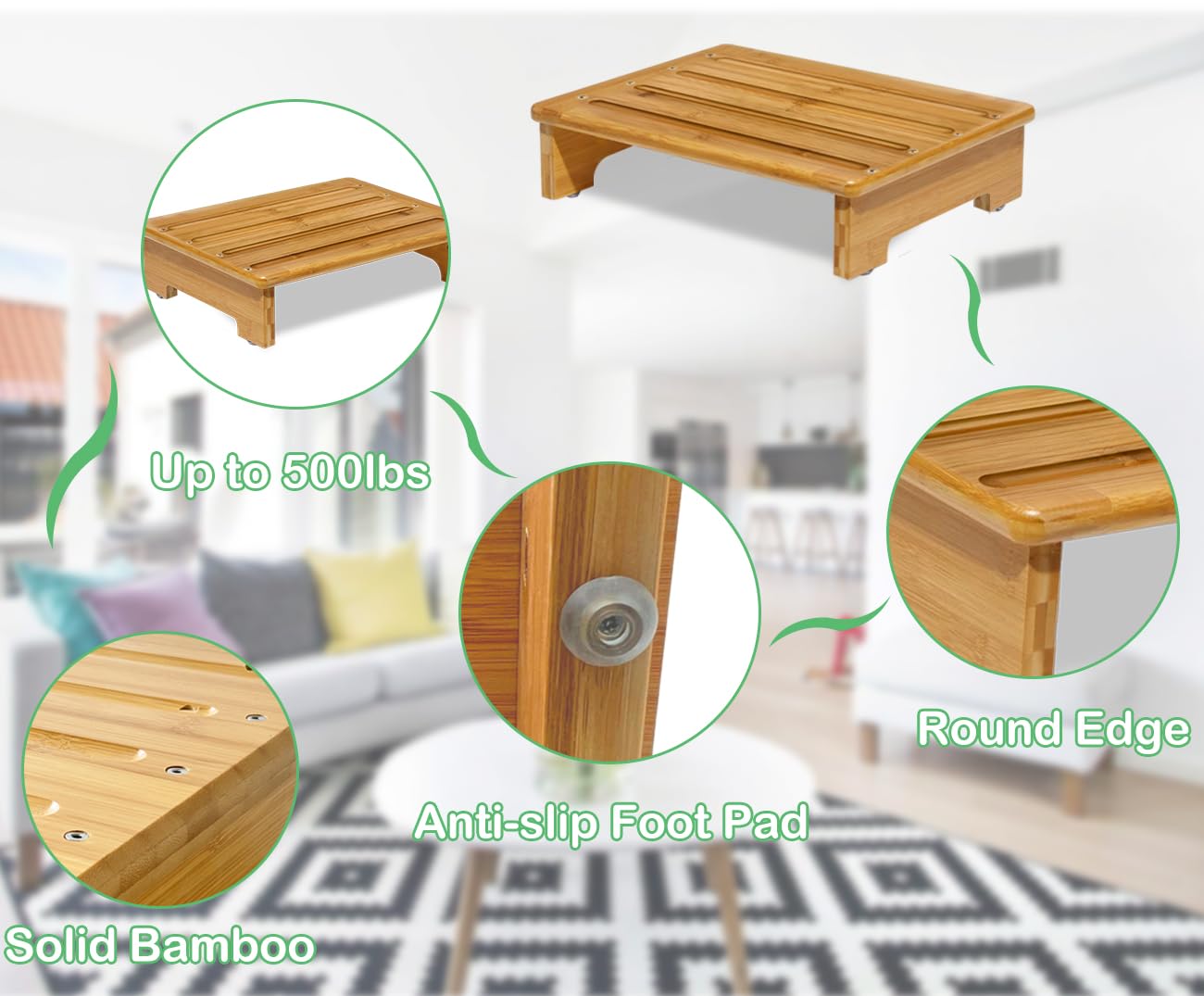 Bamboo Safety Stool Wood One Step Stool Mobility Half Step Stool Stepping Stool Foot Stool Natural Color with Solid Wood for Stairs Bed Kitchen Bathroom Cars for Adults Seniors and Kids Training