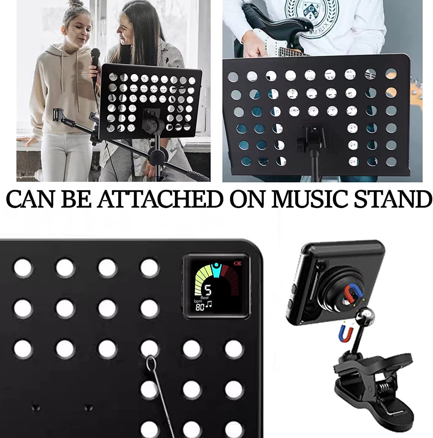 Guitar Tuner Clip on Rechargeable with Metronome Tone Generator for Guitar Bass Ukulele Violin Banjo Chromatic Wind Instrument, Metronome Tuner for All Instruments