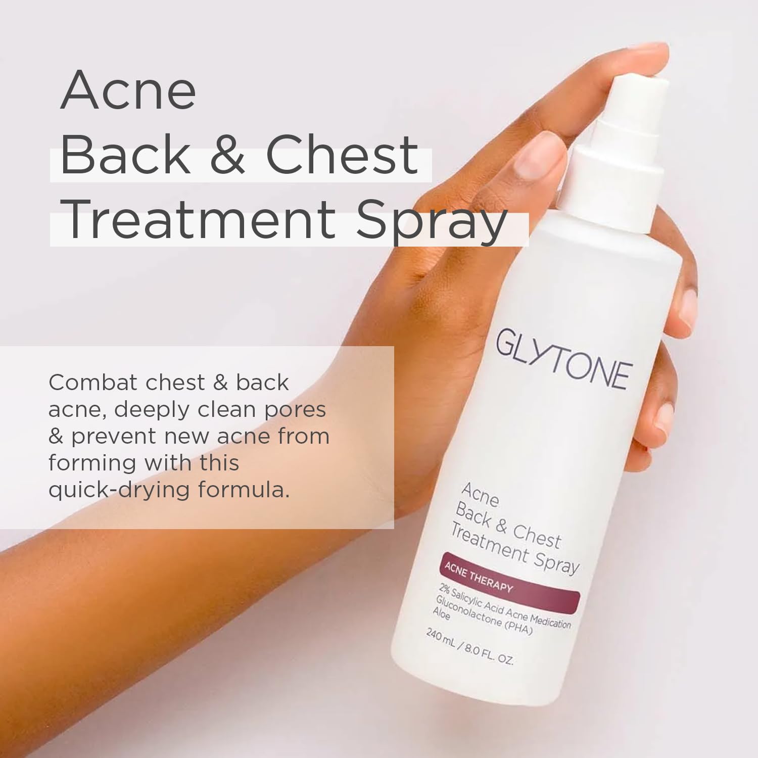 Glytone Acne Treatment Spray for Back & Chest - 2% Salicylic Acid - For Body Acne - Quick Dry, Upside Down Pump - Fragrance-Free - 8 fl. Oz.