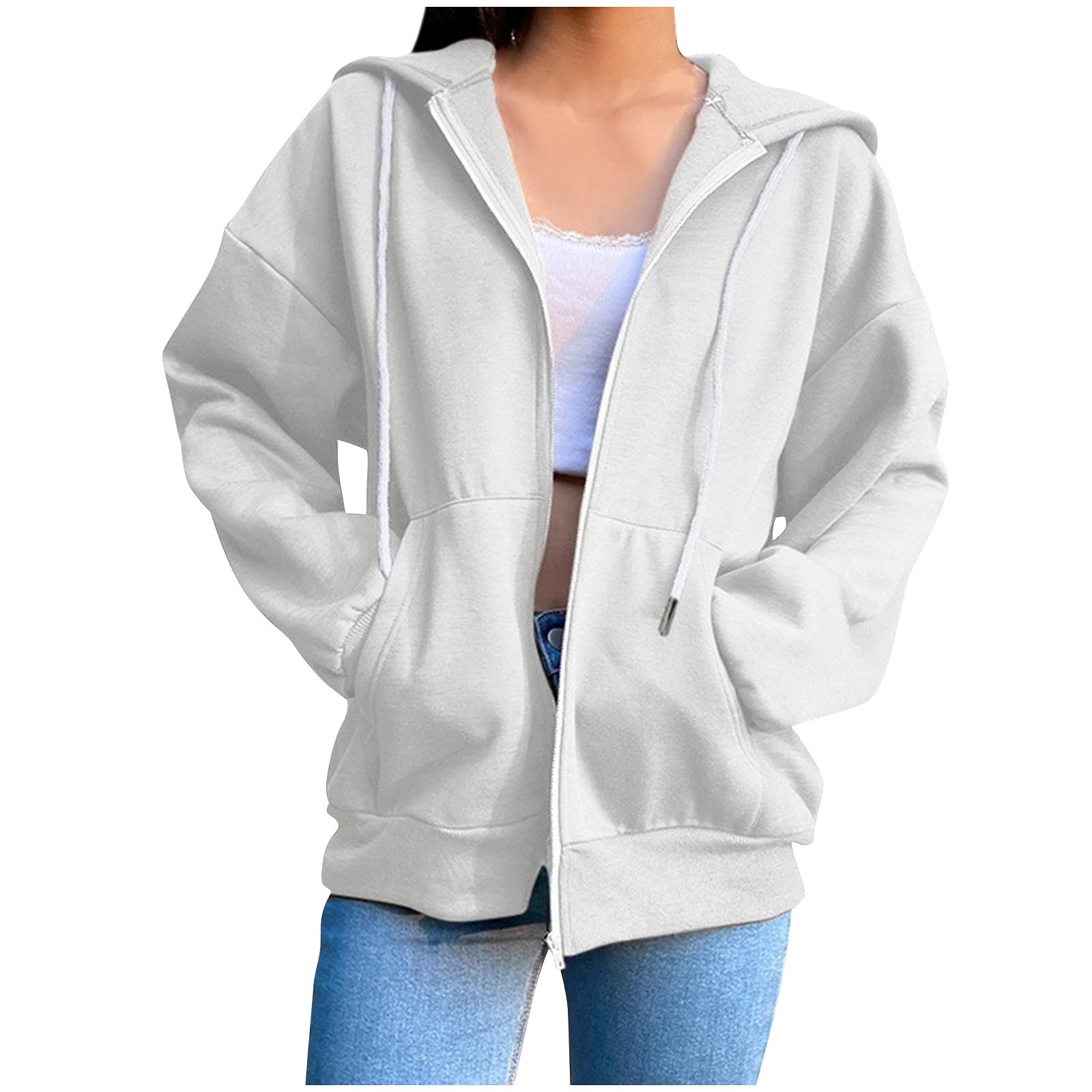 aihihe Zip Up Hoodie Women Oversized Lightweight Jackets Coats Long Sleeve Drawstring Hoodie Sweatshirt with Kangaroo Pockets White