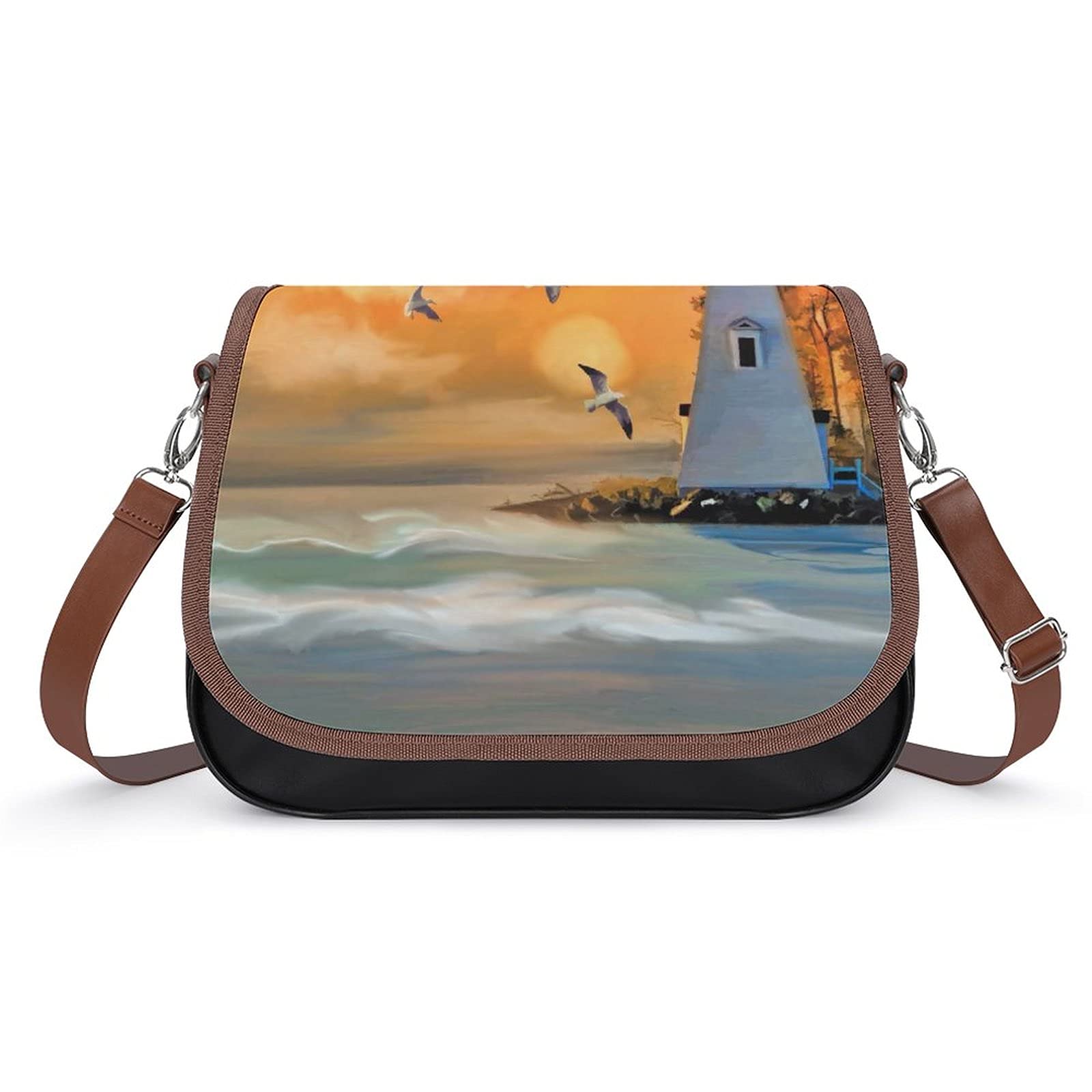 delayer Satchel Bag For Women Oil Painting Seagull Lighthouse Waterproof Leather Crossbody Handbag Messenger Bag For Ladies, Multi