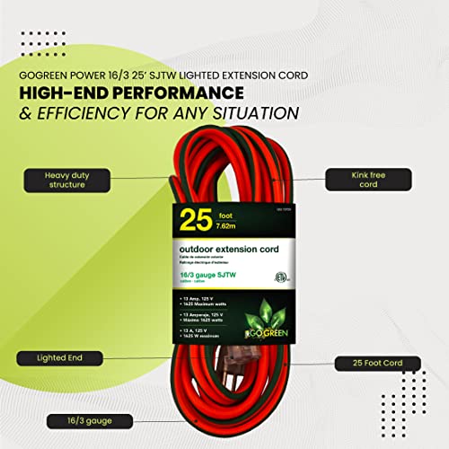 GoGreen Power GG-13725 16/3 25’ SJTW Outdoor Extension Cord, Lighted End, 25 Ft (2 Pack)