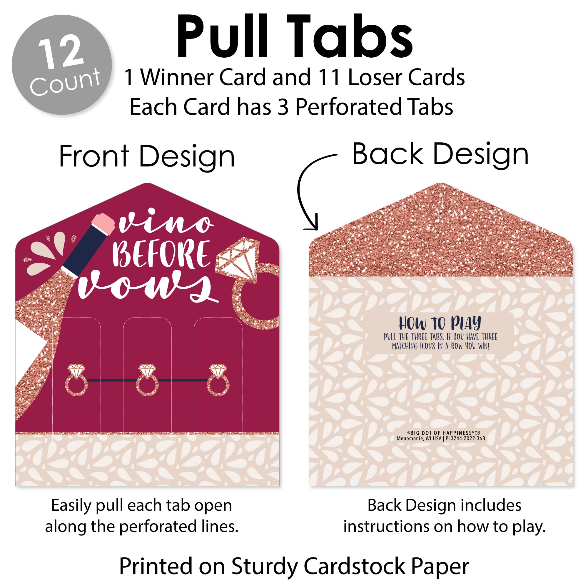 Big Dot of Happiness Vino Before Vows - Winery Bridal Shower or Bachelorette Party Game Pickle Cards - Pull Tabs 3-in-a-Row - Set of 12