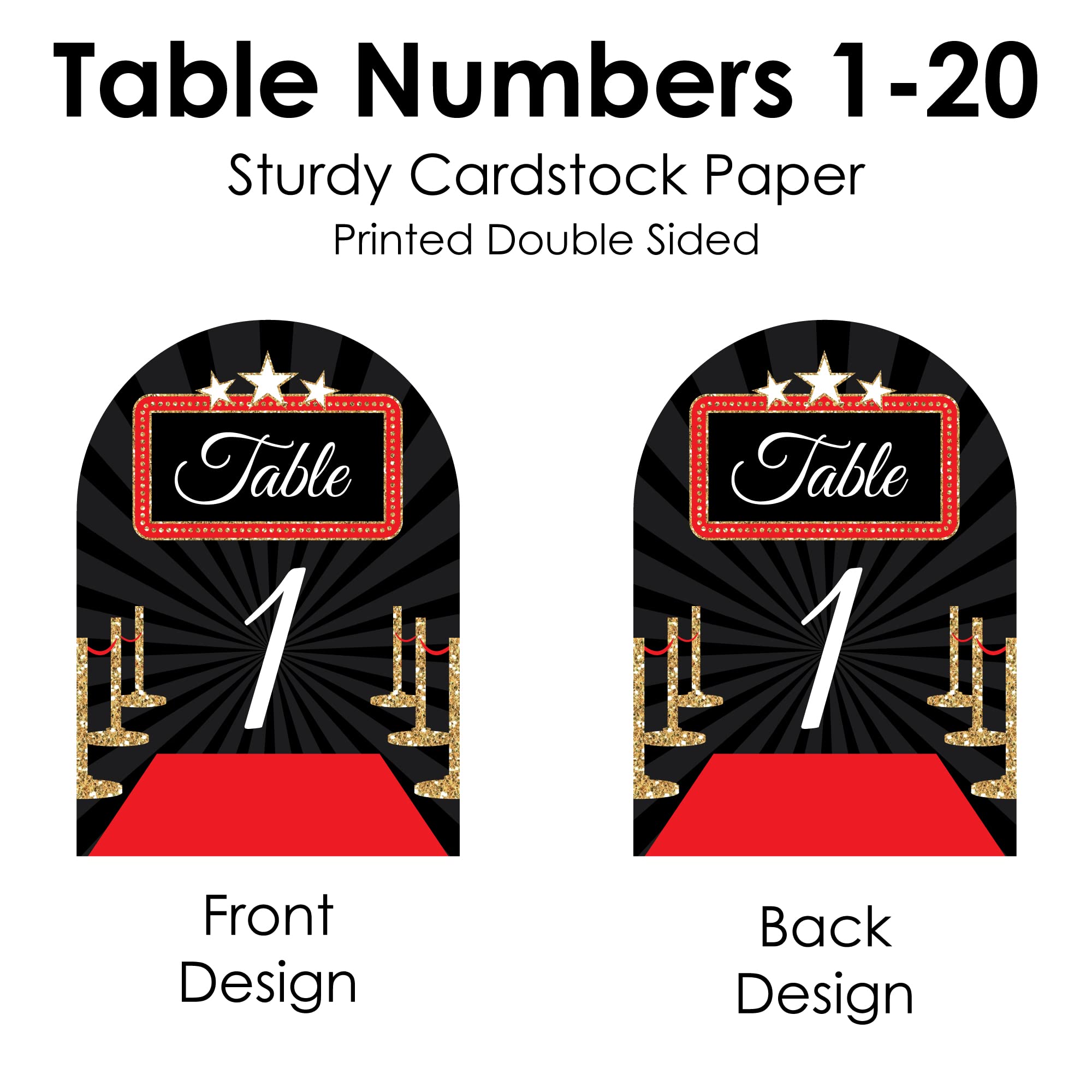 Big Dot of Happiness Red Carpet Hollywood - Movie Night Party Double-Sided 5 x 7 inches Cards - Table Numbers - 1-20