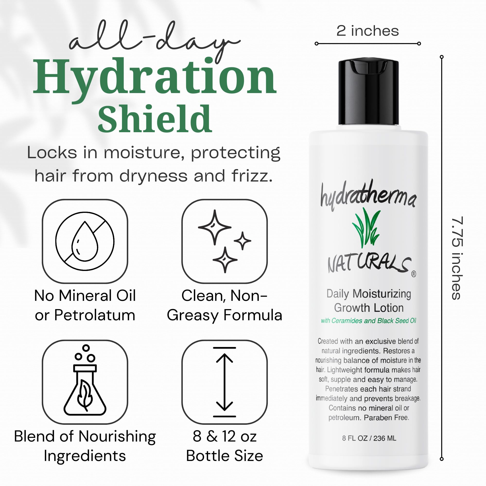 Hydratherma Naturals Daily Moisturizing Growth Lotion 12 oz. - For Thick, Curly, Coily, and Wavy Hair - Excellent for Chemically Treated or Natural Hair - Prevents Breakage and Shedding