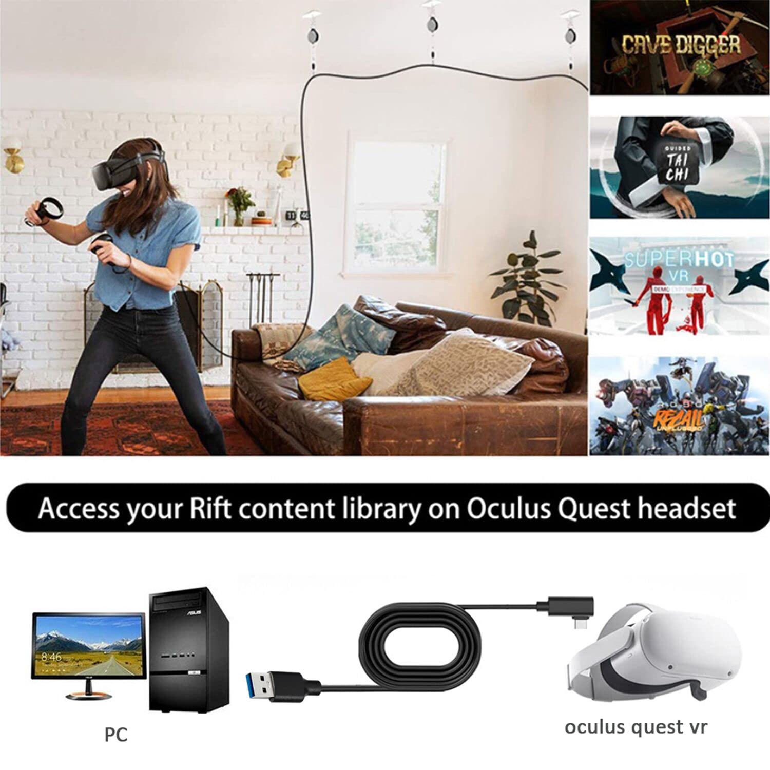 ukiism 16FT VR Link Cable Compatible with Meta/Oculus Quest 3, Quest2/Pro/Pico4 Accessories, USB 3.0 to USB C Charger & Data Cable for VR Headset and Gaming PC