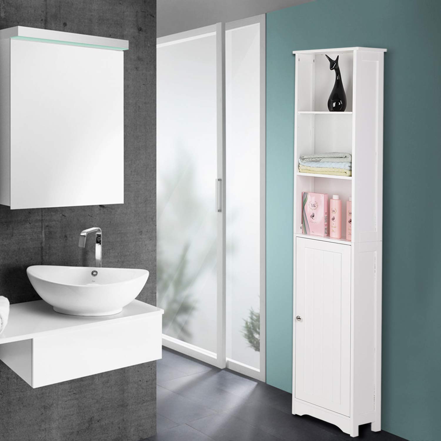Bonnlo Narrow Cabinet, 67" Tall Slim Bathroom Storage Cabinet 12" Wide White Skinny Linen Cabinet with 3 Open Shelves Single Door Adjustable Shelf Space Saving Corner Pantry