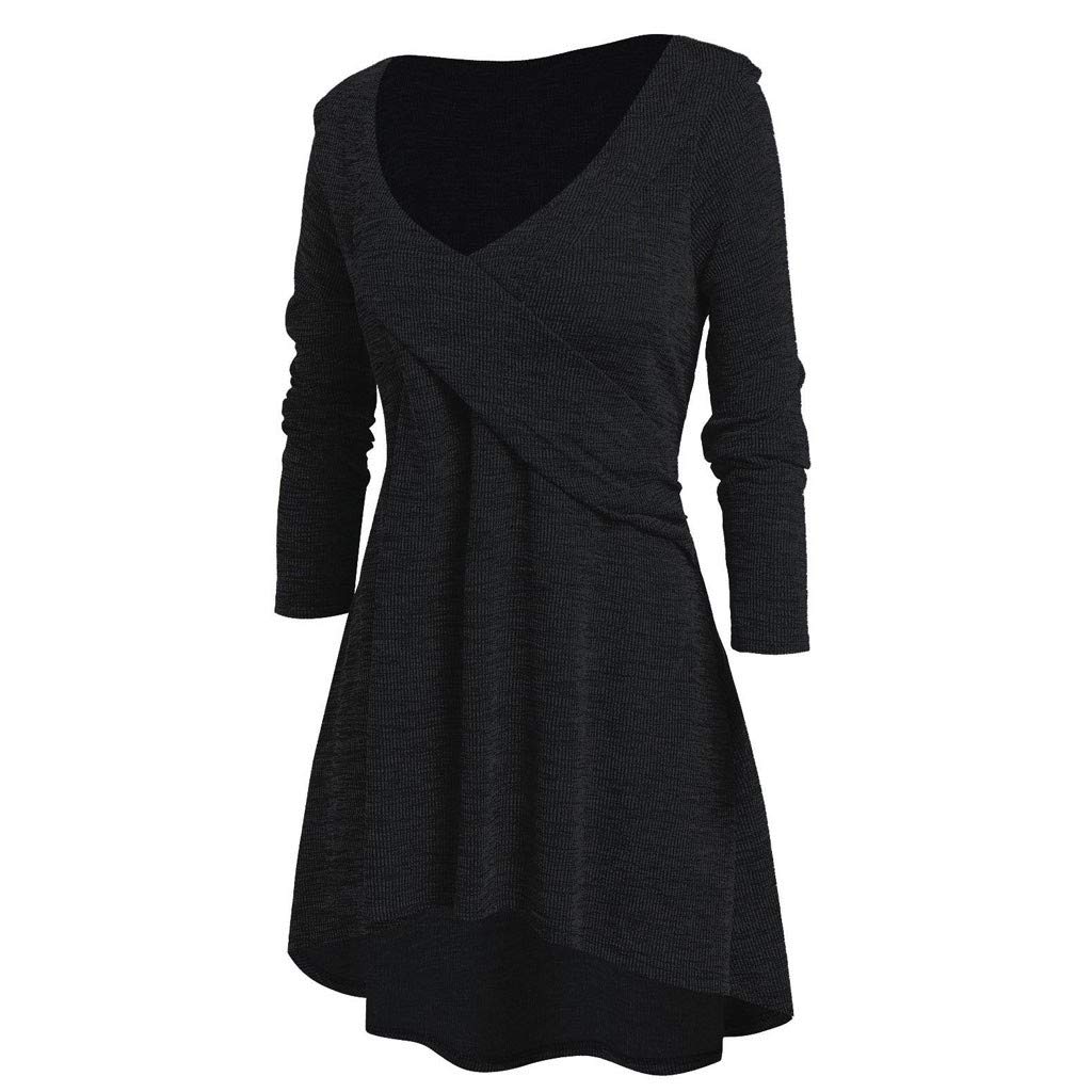 CapsA Women Halloween Gothic Sweatshirts Dress Long Sleeve High Low Pullover Plus Size V-Neck Tunic Plunging Neck Sweater Black