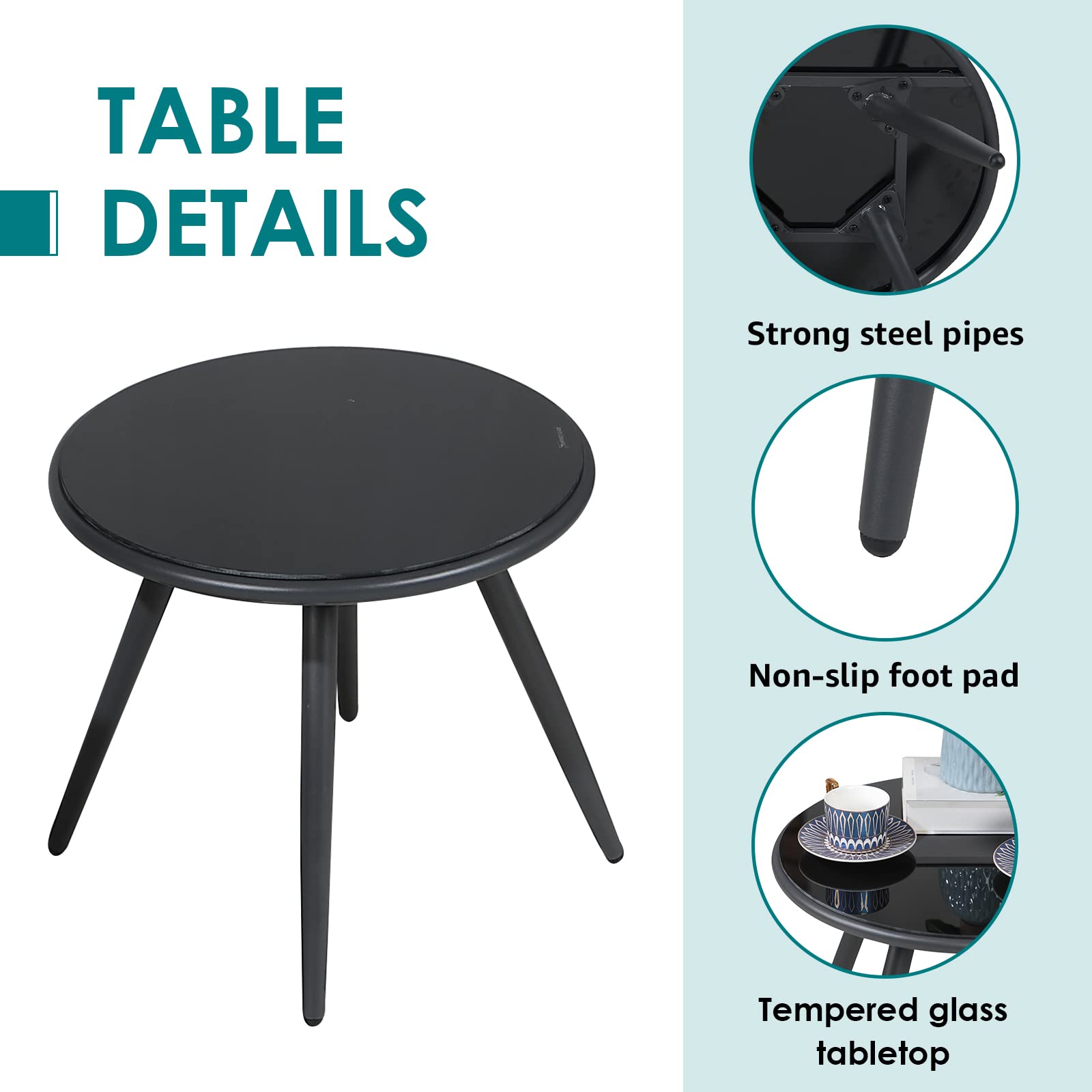 COBANA 3 Piece Patio Bistro Set, Outdoor Conversation Balcony Furniture Set with Glass Top Table and Cushioned Chairs, Black