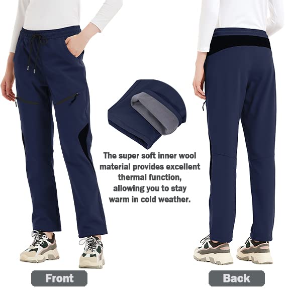 Apotemis Snow Pants Womens Ski Outdoor Insulated Waterproof Pants Softshell Fleece Lined Hiking Pants Drawstring with Zipper Pockets Blue X-Large