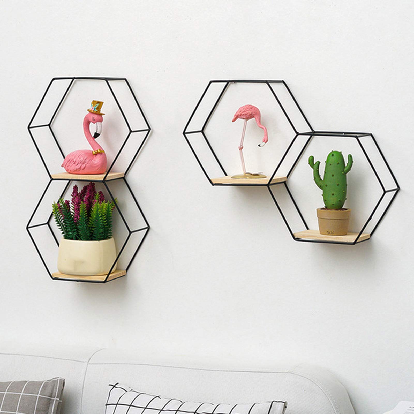 Bluelanss Hexagonal Floating Shelves Wall Shelf, Rustic Shelves, Metal Wall Shelves for Bedroom,Bathroom,Living Room,Kitchen,Home Office, Wall Plant Holder Flower Pot Planter Stand Home Decor Black S