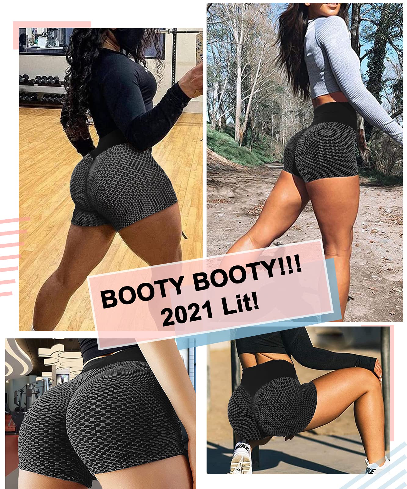 AIMILIA Women Tiktok Booty Shorts Butt Lifting High Waist Tummy Control Workout Running Gym Textured Ruched Shorts Black