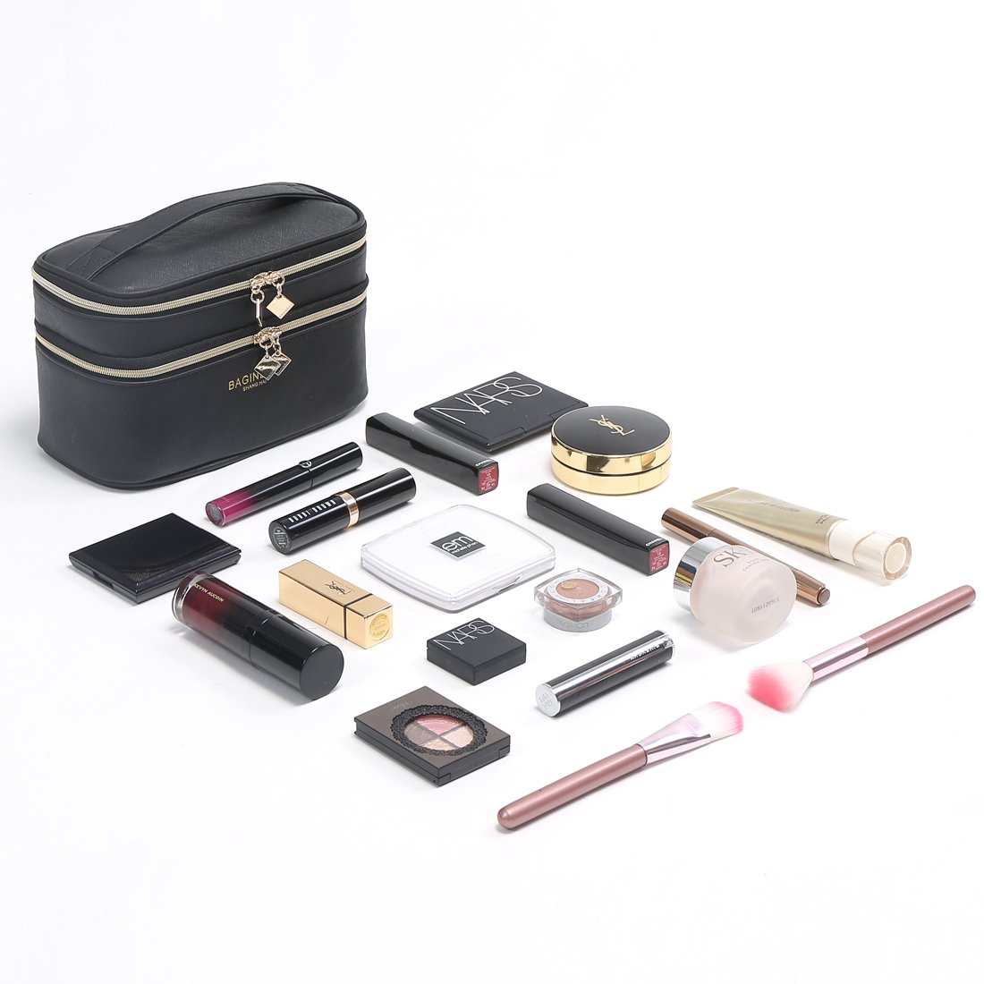 iN. Multifunction Dual Compartment Portable Waterproof Cosmetic Bag Travel Makeup Case With Handle -Two Storage Compartments Space Fits ALL Your Makeup and Lipstick Train Case for Womens