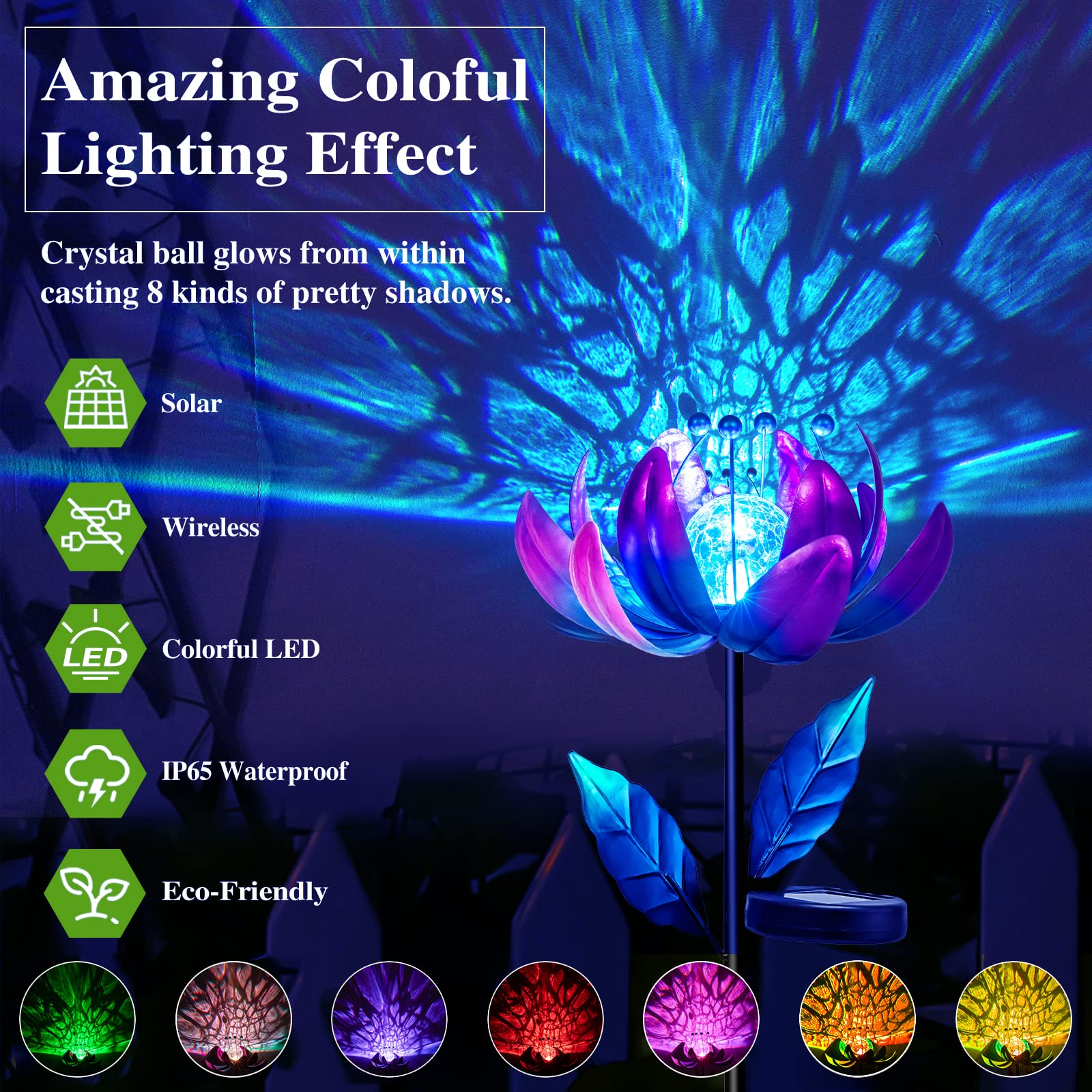 AIINY Solar Purple Metal Flower Wind Spinners, Colorful Spinning Windmill Lotus Yard Art Lights Wind Pinwheels with LED Crystal Ball Decorative Stake Lighting Flower Sculpture