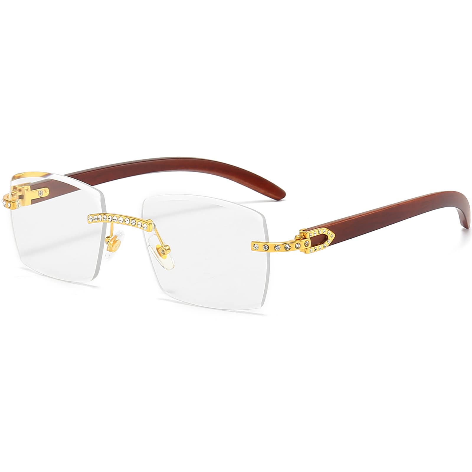 AIEYEZO Vintage Rimless Rectangle Sunglasses Fashion Crystal Diamond Sun Glasses Retro Square Frameless Eyewear (Gold/Transparent)