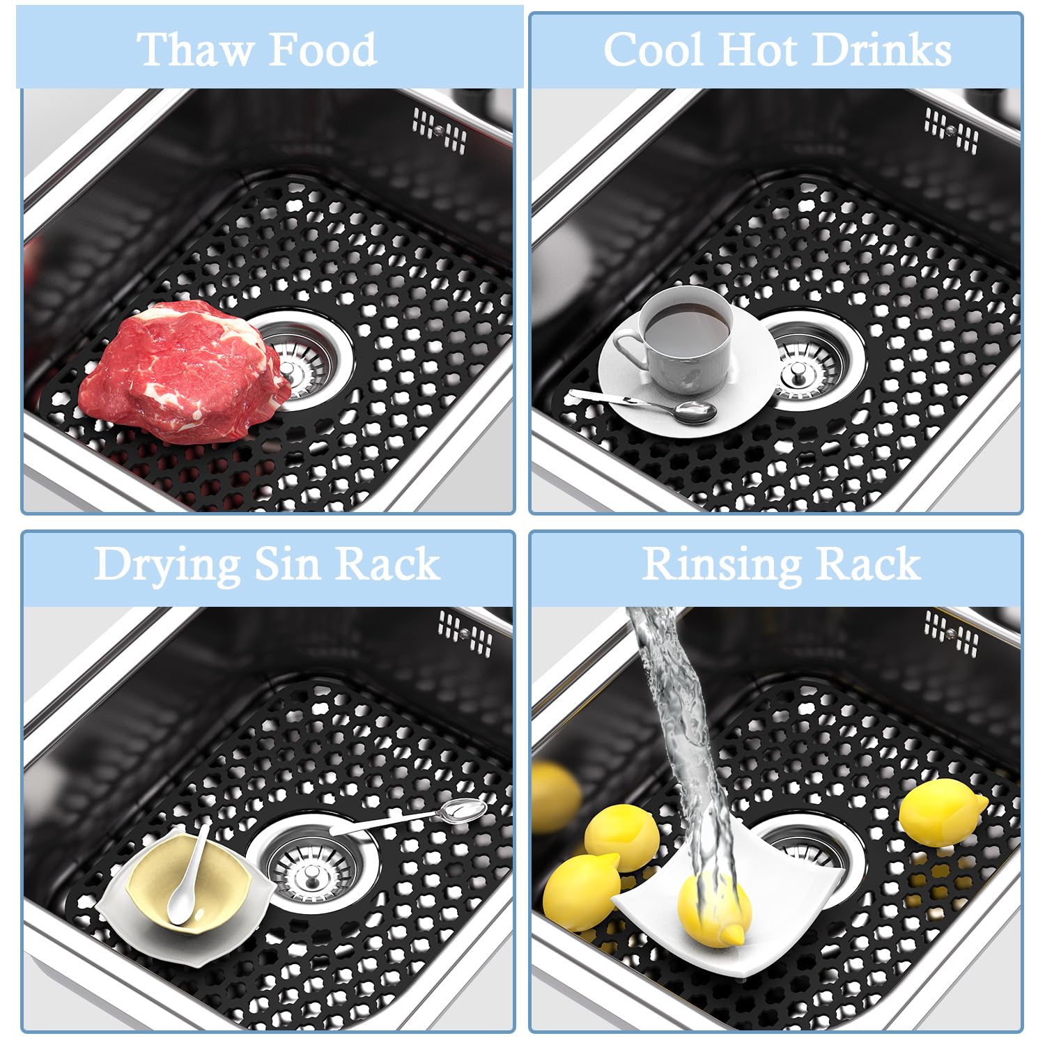 BEHOK 2 Pack Silicone Sink Protectors for Kitchen Sink, Bathroom Sink, 13.58"x 11.6" Heat-resistant Sink Mat, Non-Slip and Durable Sink Protector Silicone, Center Drain, Black