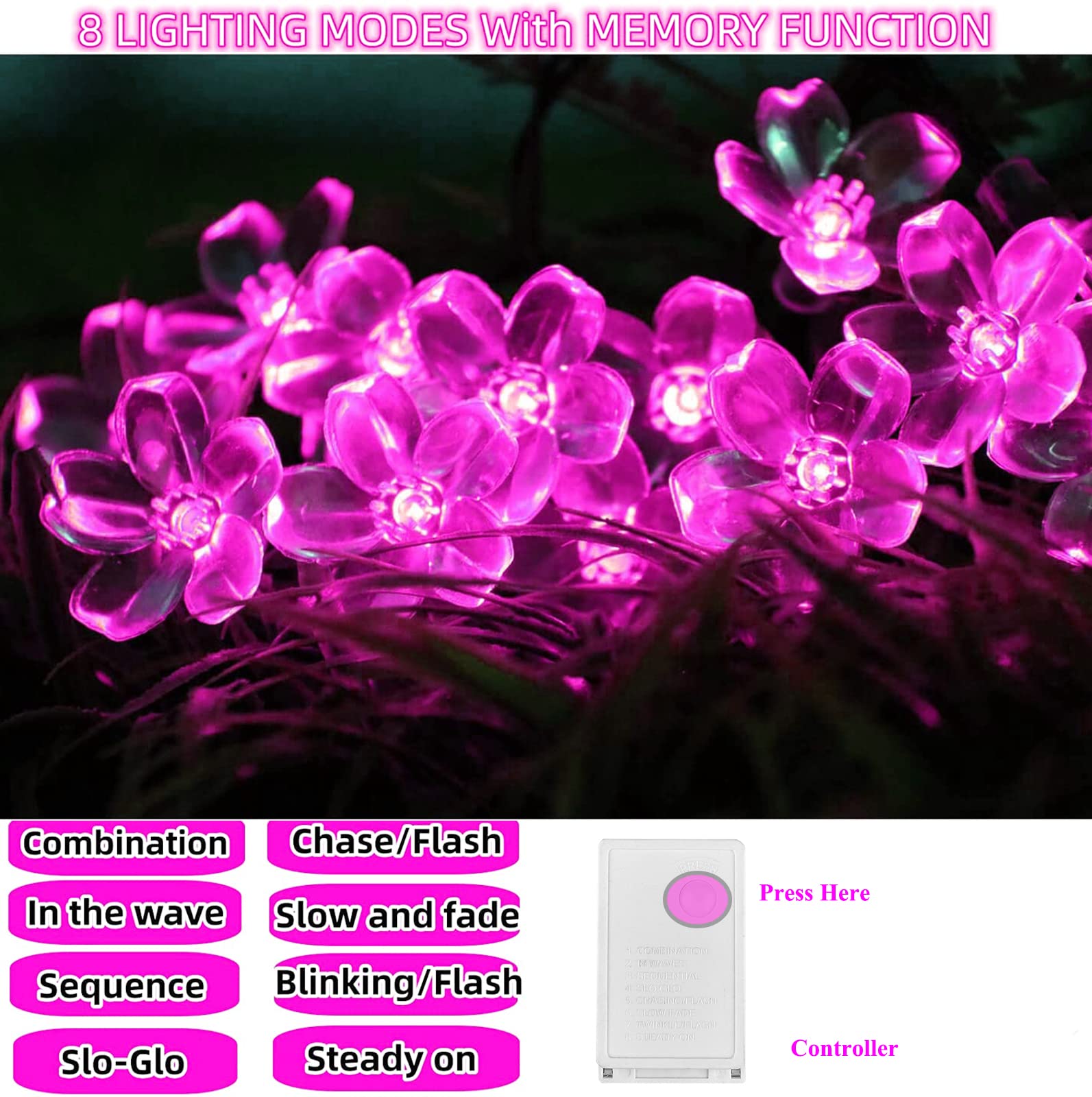 FULLBELL Valentines Day Decorations Pink Lights Cherry Blossom Lights Flower String Lights 33 Feet 100LED 8 Modes Wedding Party Indoor Flower Lights Bedroom Birthday Pink Room Decor (Pink)