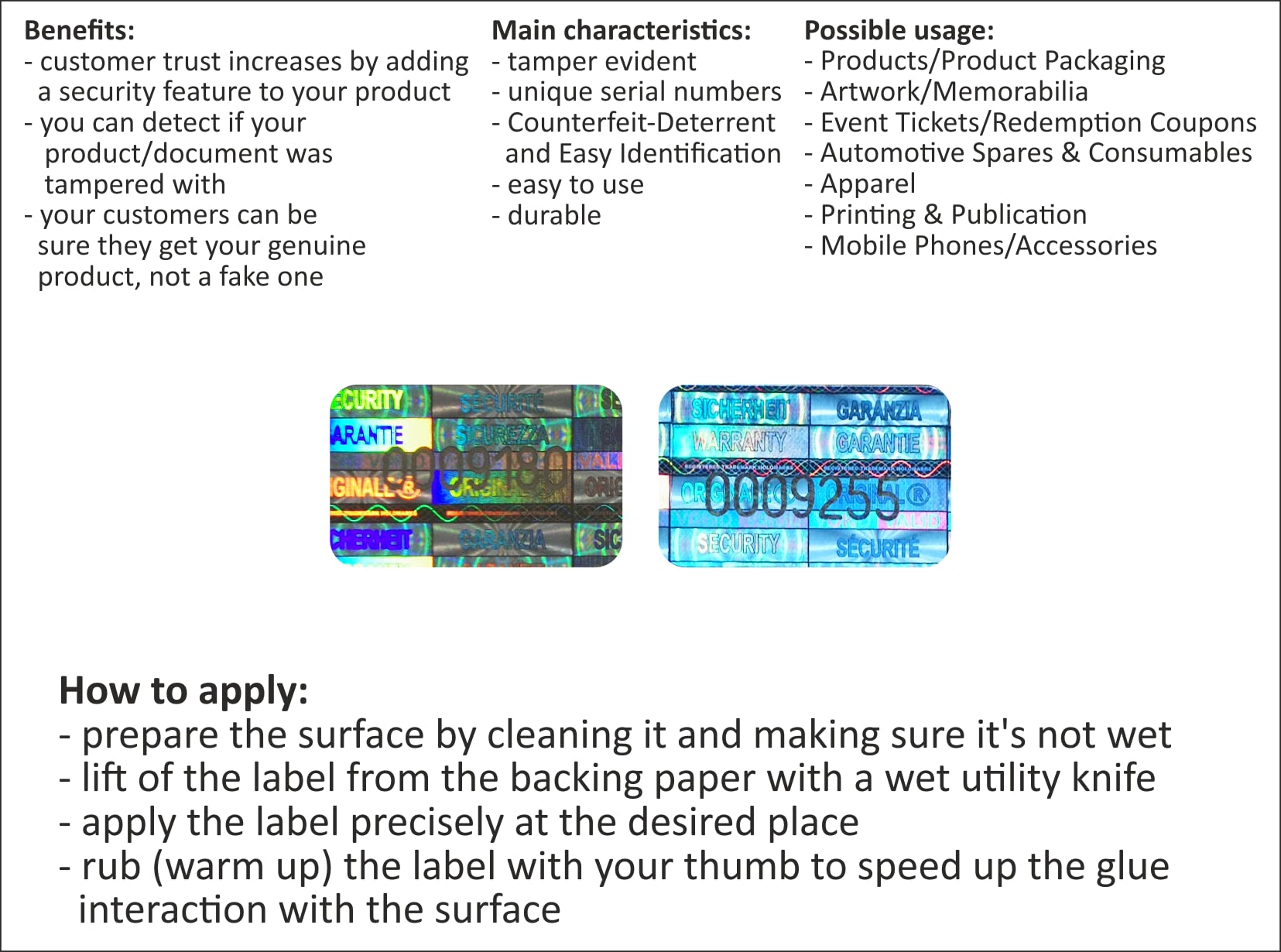 Holomarks 200 pcs Hologram Labels with Serial Numbers, Warranty Stickers Seals .63 x .39 inch