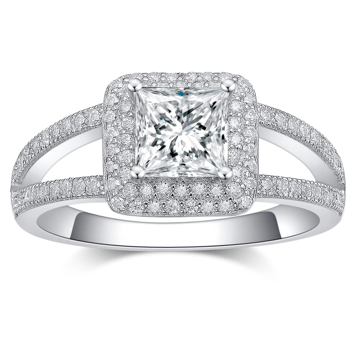 Auldey Engagement Rings For Women 925 Sterling Silver 1.5CT Princess Cut Sterling Silver Ring Split Shank Halo Mossanite Wedding Ring for Her Size 6-9, 8