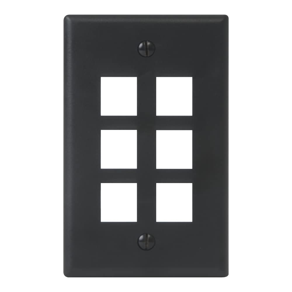 ICC 6-Port Faceplate for Keystone Connectors, Single Gang Outlet Box, Wall Plate for Networking and Home Installations, Durable and Easy to Install, Black, Single
