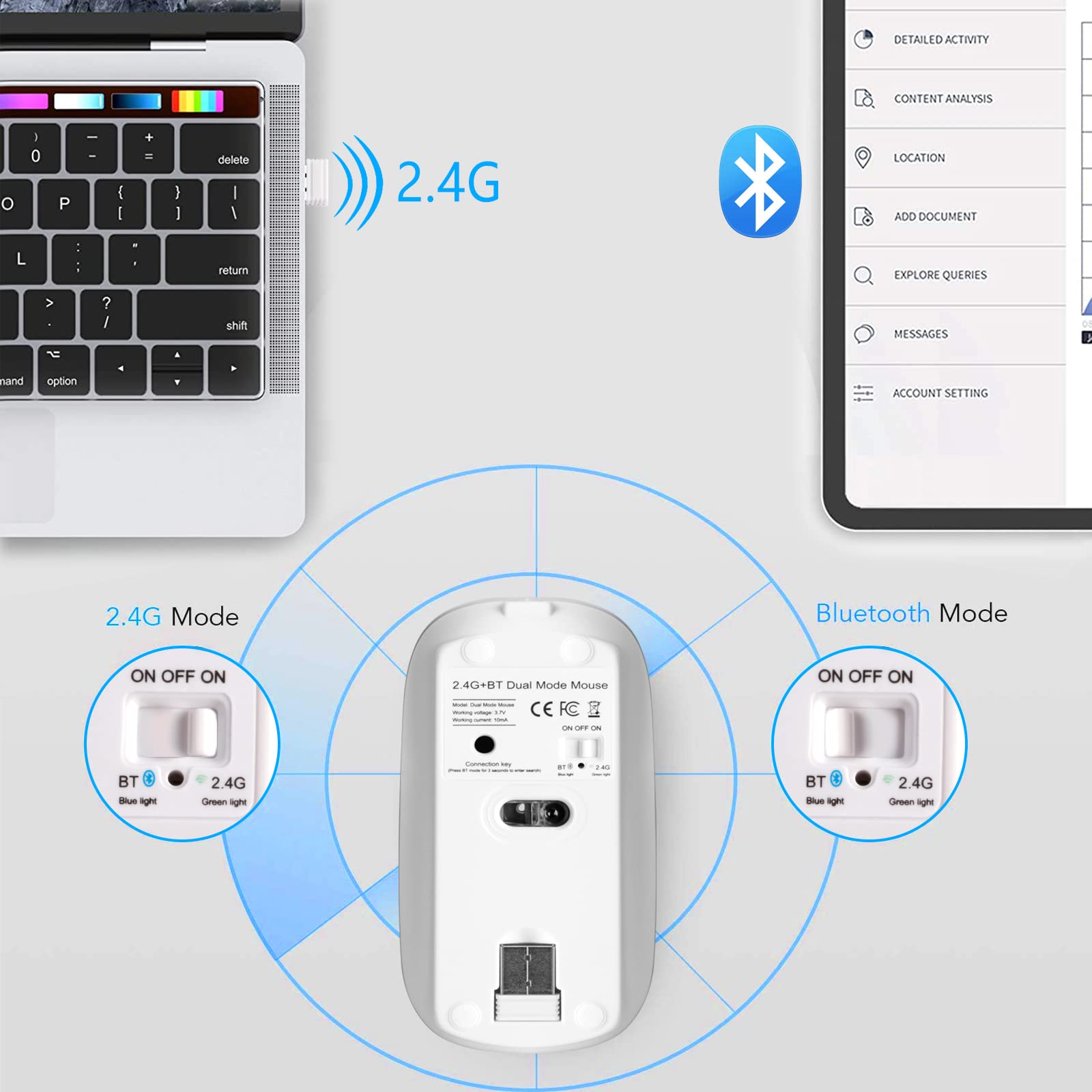 AE WISH ANEWISH Wireless Mouse Dual Mode(Bluetooth 4.0+USB) Rechargable Quiet Mice with USB Receiver Slim Bluetooth Mouse for Laptop/iPad/iPhone/Mac/Android PC,Silver