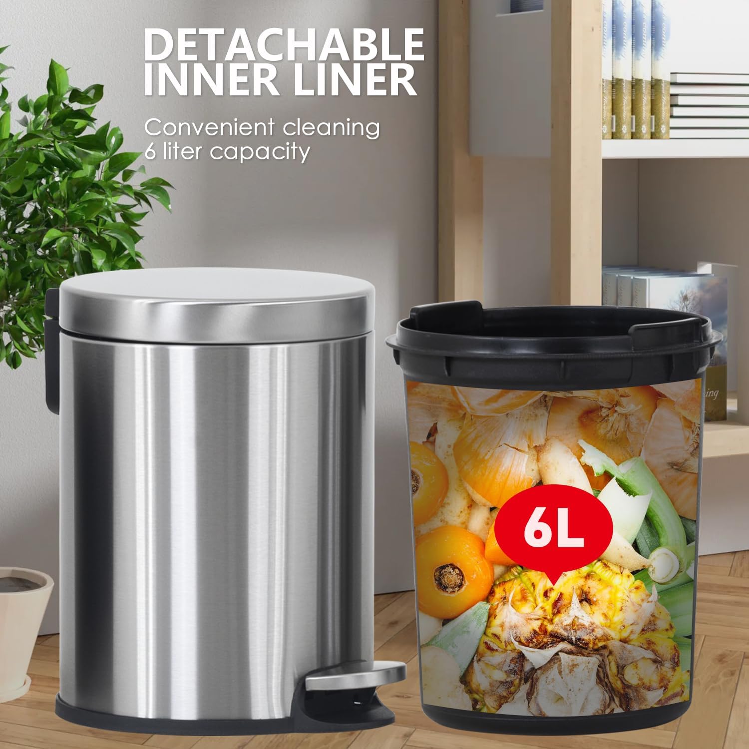 Bigacc Trash Can, Mini Stainless Steel 6 Liter/1.6 Gallon Bathroom Trash Can Step Garbage Can Round Trash can with Lid w/Removable Inner Bucket Waste Basket for Bathroom Kitchen Office