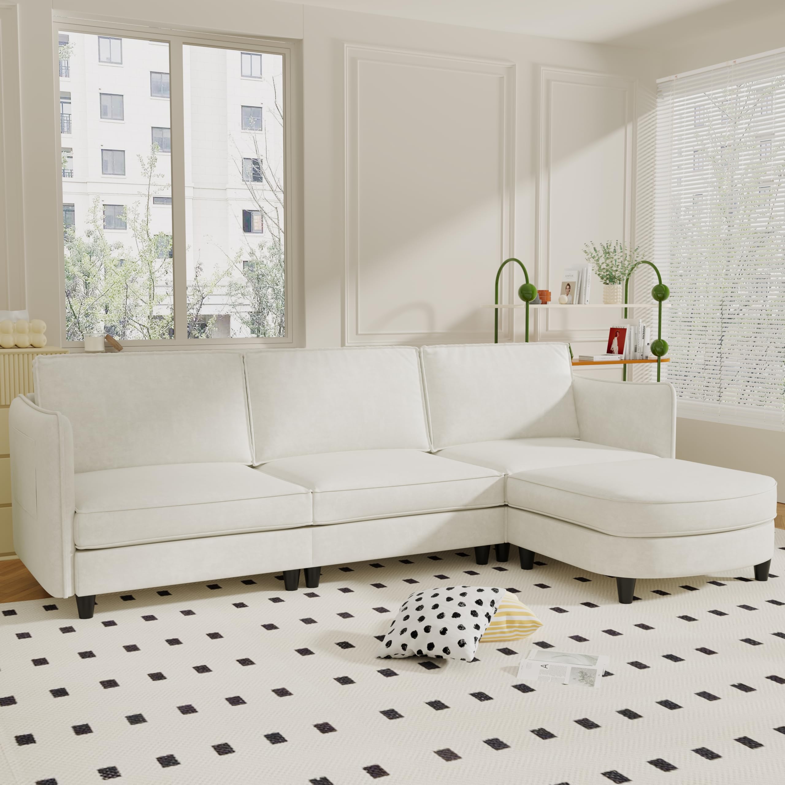 Hommoo Modern Reversible Sectional Sofa Couch for Living Room U Shaped Sectional with 2 Ottomans Comfy Linen Fabric 4 Seat Sofa with Metal Legs Large Modular Sofa Couch with Pillows 143" Beige