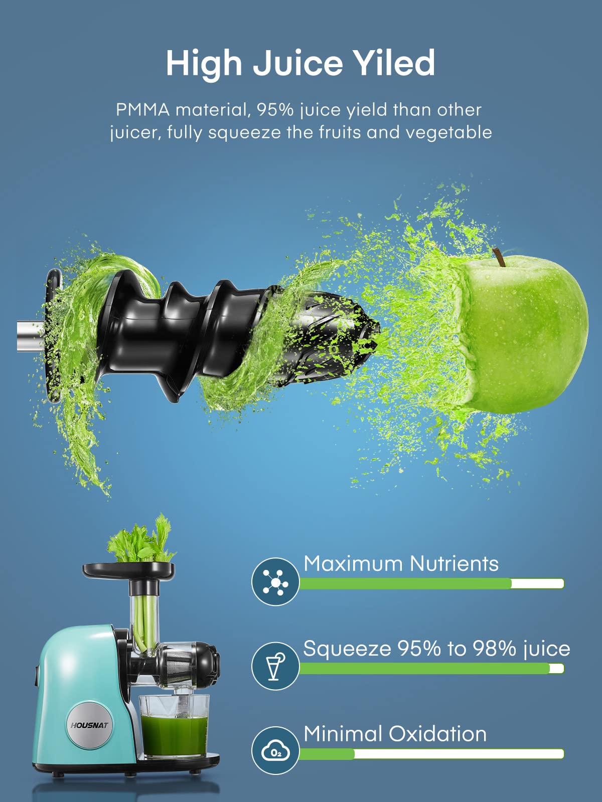 Juicer Machines, HOUSNAT Professional Celery Slow Masticating Juicer Extractor Easy to Clean, Cold Press Juicer with Quiet Motor and Reverse Function for Fruit & Vegetable, Brushes & Recipes Included