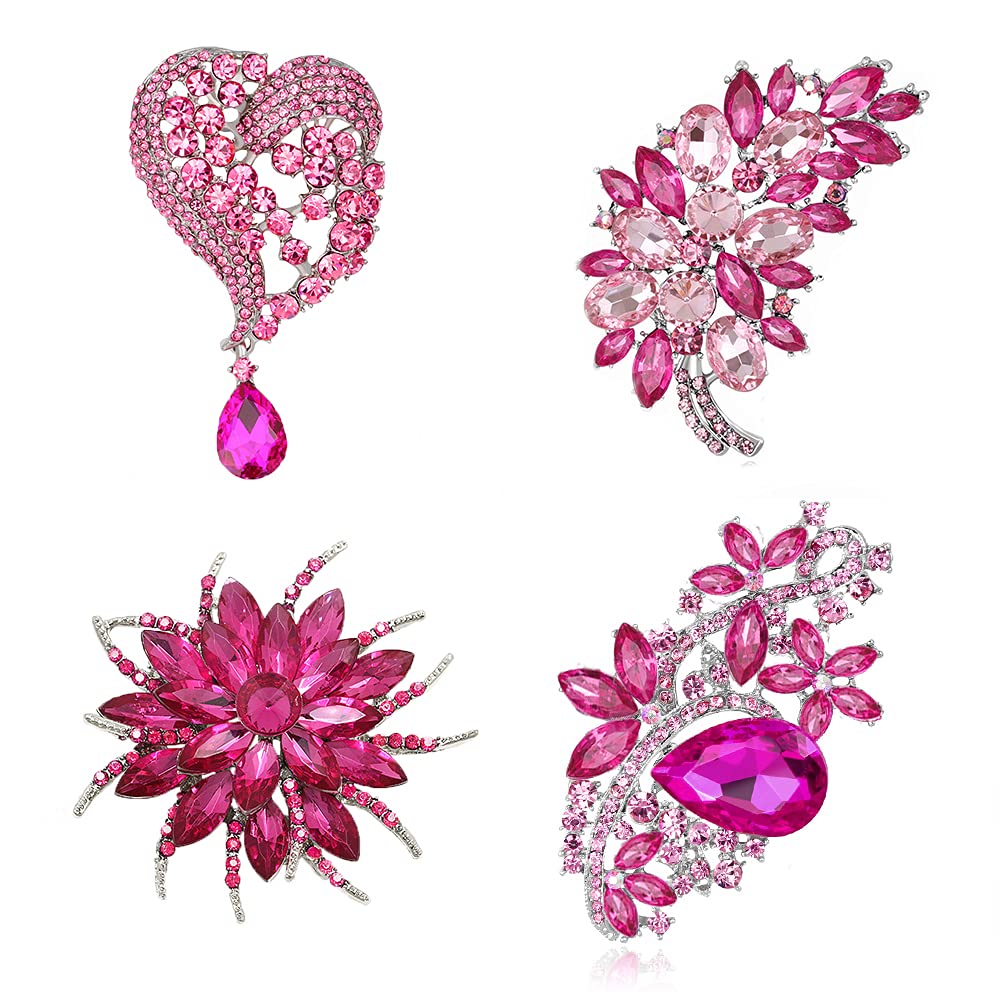 Ezing 4Pcs Pink Brooch Lot with Rhinestone Crystal Wedding Fashion Jewelry (Pink)