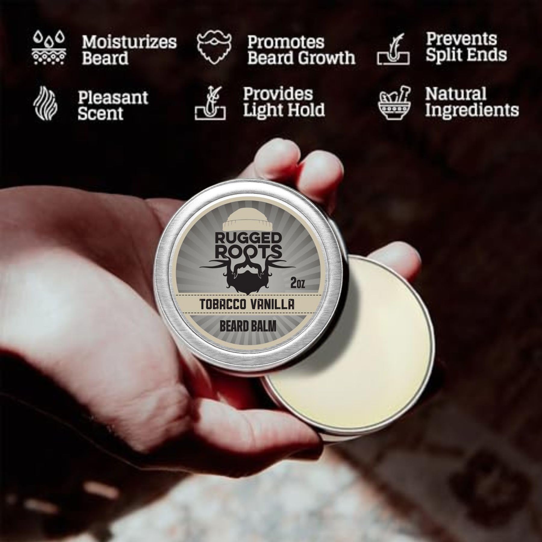 Rugged Roots Beard Balm for Smoothing & Defining Beard Hair | Long-Lasting Hold | Available in 8 Scents | 2 oz (Tobacco Vanilla)