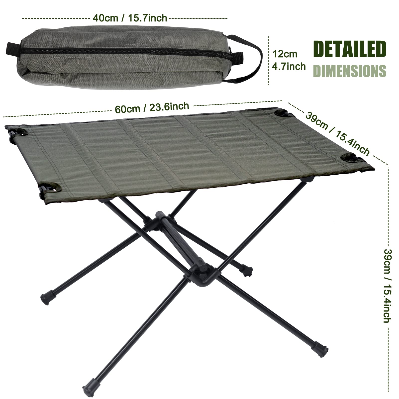 Apurioni Lightweight Folding Camping Table, Washable Fabric Compact Portable Table with Storage Bag for Outdoor, Hiking, Backpacking, Picnic, Travel, Fishing, Partio-Green