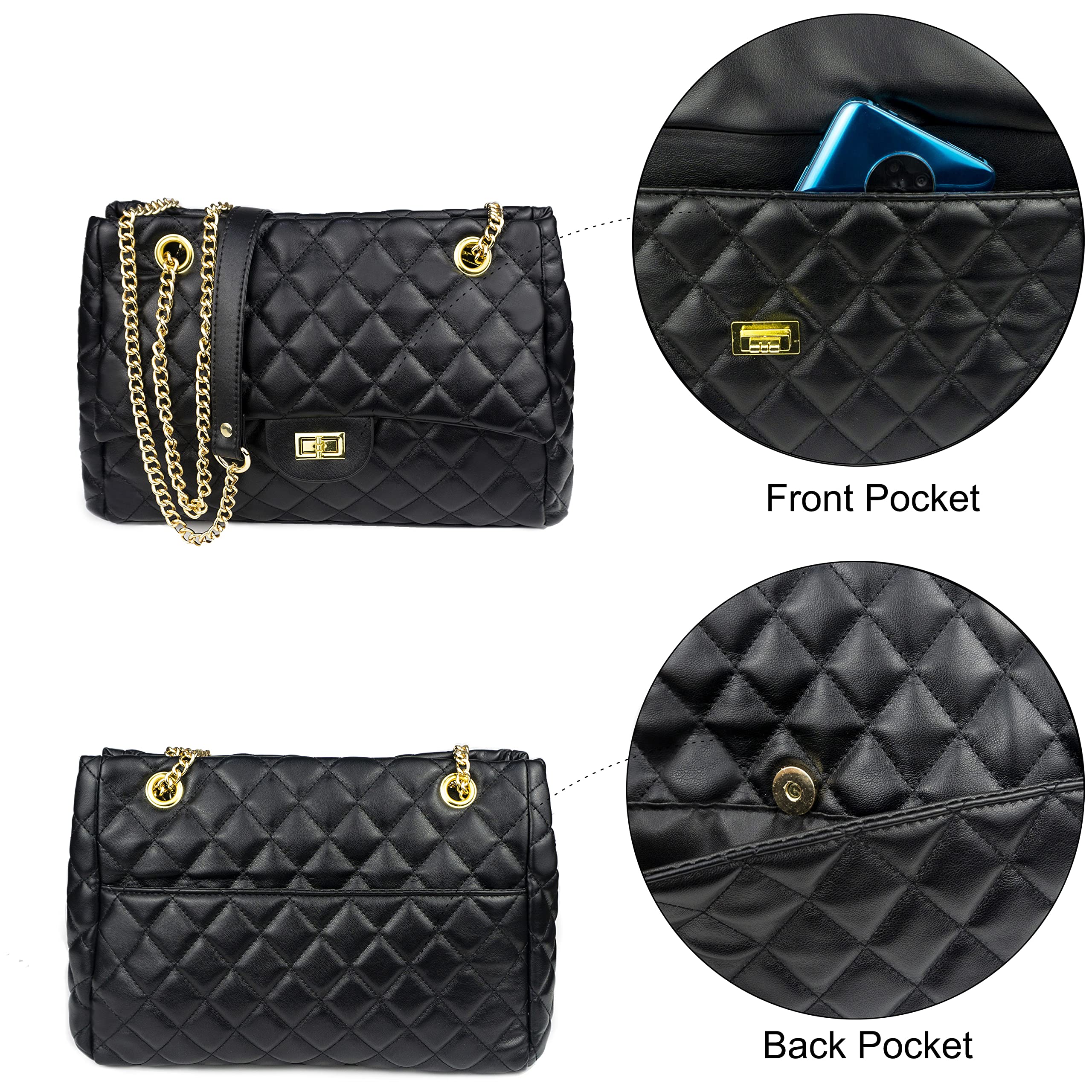 Rejolly Quilted Shoulder Bags for Women PU Leather Ladies Crossbody Handbag Stylish Envelope Purse with Chain Strap (Black)