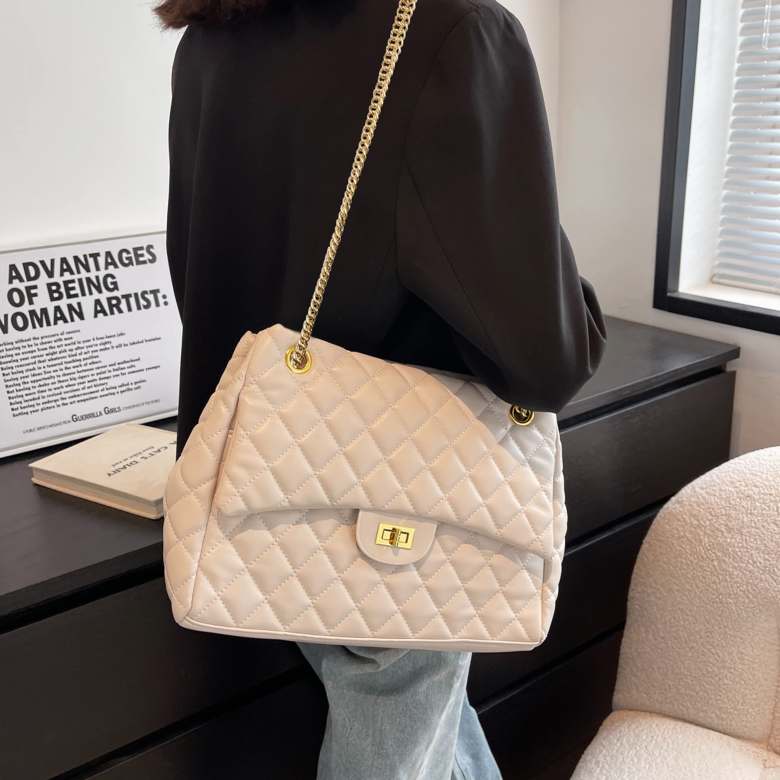 Rejolly Quilted Shoulder Bags for Women PU Leather Ladies Crossbody Handbag Stylish Envelope Purse with Chain Strap (Cream White)