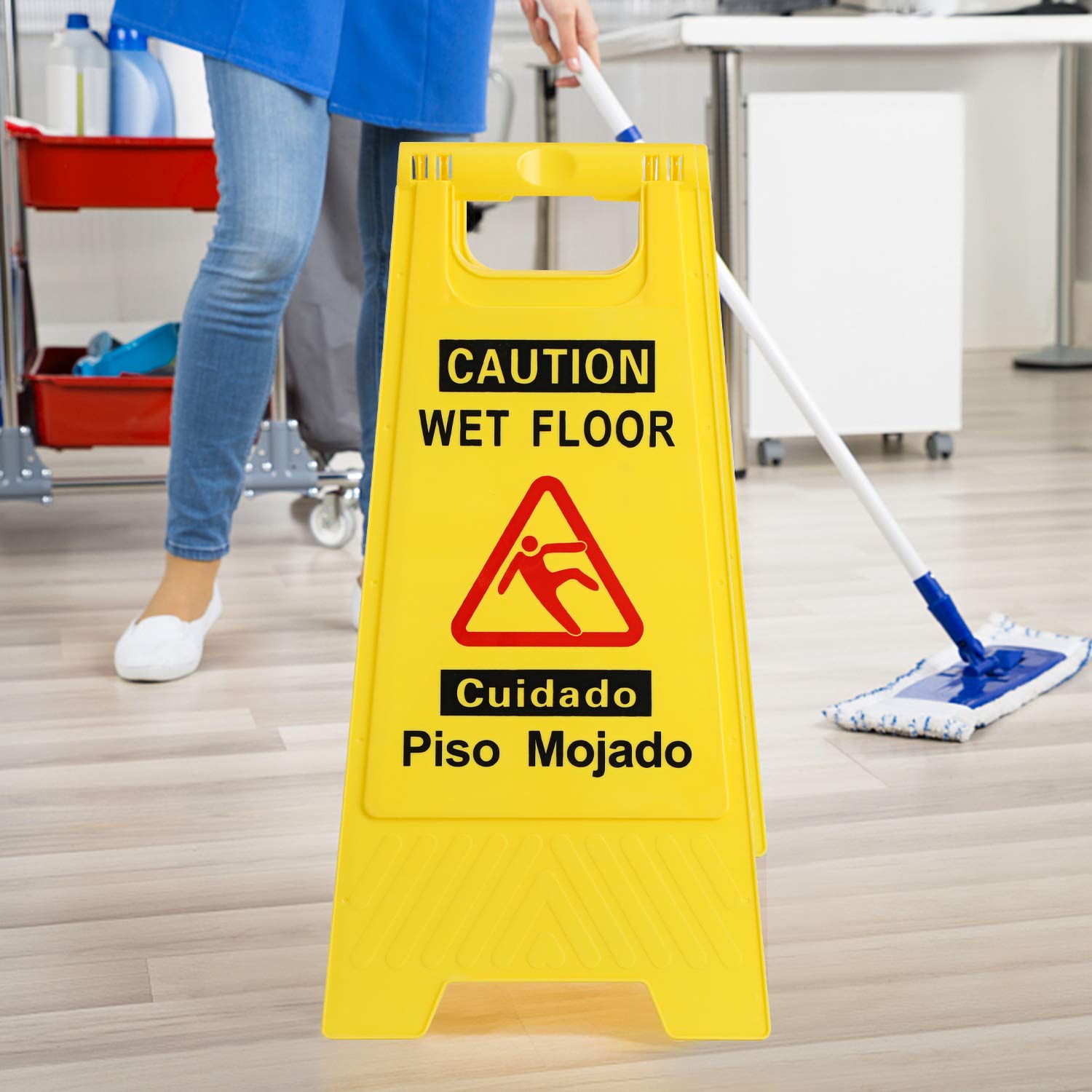 CERLMLAND Caution Wet Floor Sign, Foldable Sturdy Bilingual Double-Sided Safety Warning Signs for Commercial Use (3-Pack Yellow)