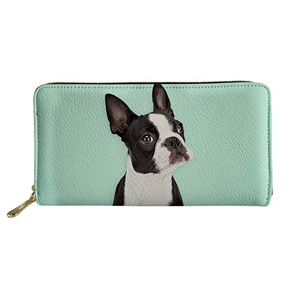 Coloranimal Slim Long Leather Wallet Funny 3D Boston Terrier Pattern Zipper Closure Bag Case Credit Cards Organizer GIft