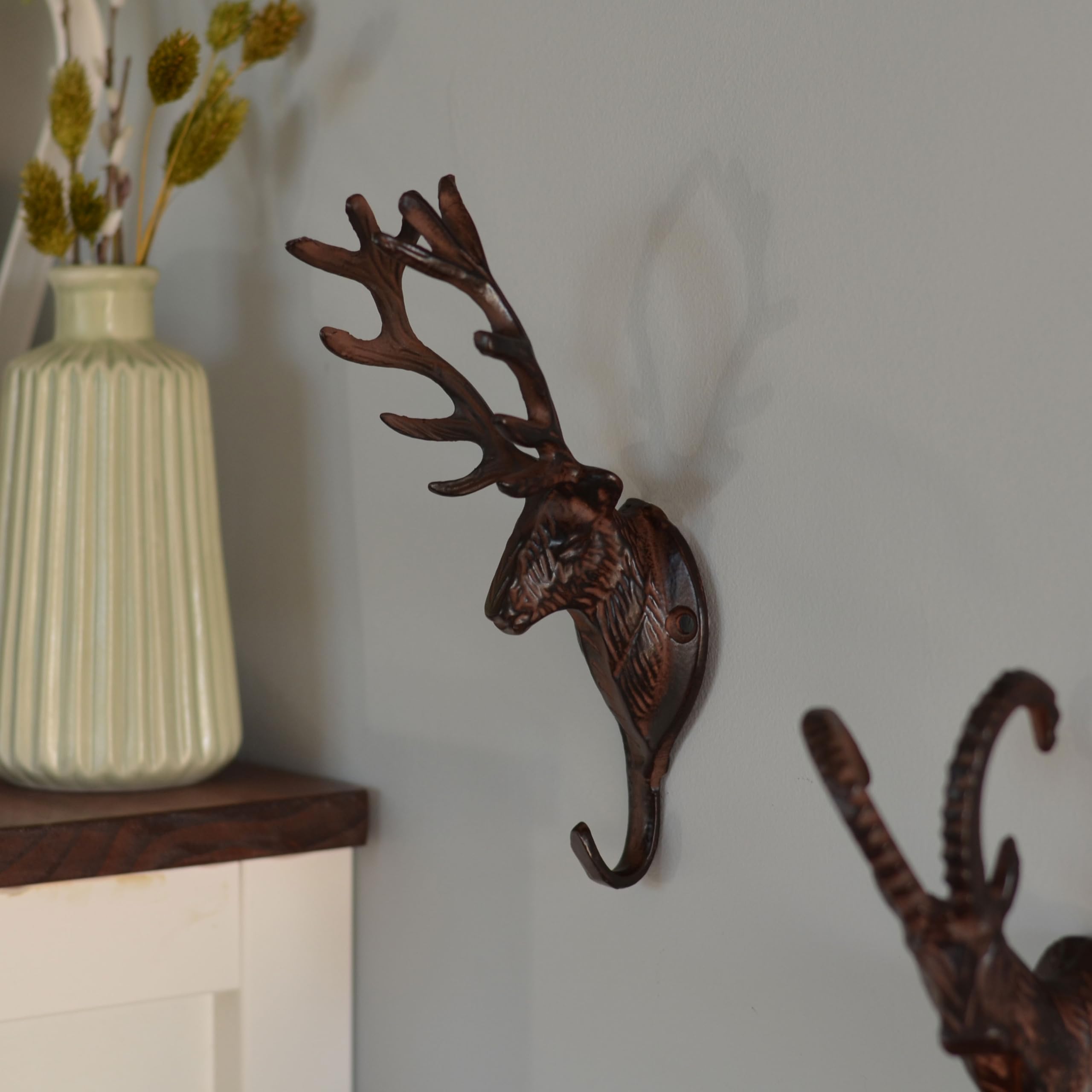 WHW Whole House Worlds Old Forge Stag and Ram Head Wall Hooks, Set of 2, Artisan Crafted, Hand Cast Aluminum, Rustic Brown, 8.25 Inches