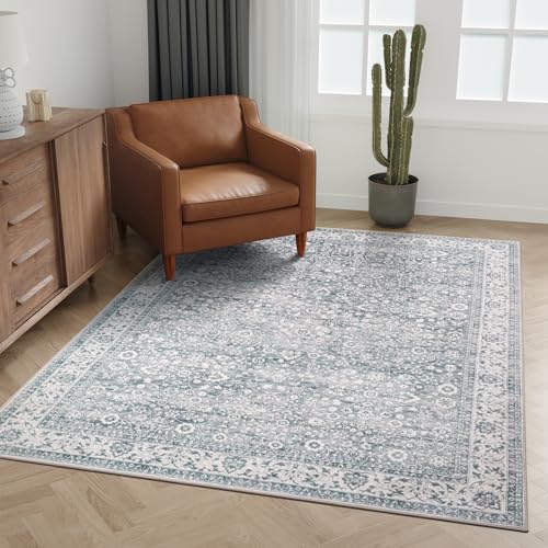 Area Rugs for Living Room - 5x7, Boho Non-Slip Low Pile Carpet Machine Washable Rugs for Bedroom, Farmhouse, Office, Dining Room (Grey)