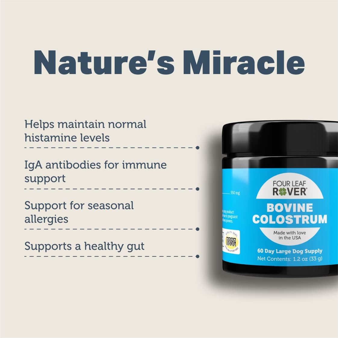 Four Leaf Rover: Bovine Colostrum from New Zealand Grass-Fed Cows - Dog Itch Relief and Immune Support (60-Day Supply)