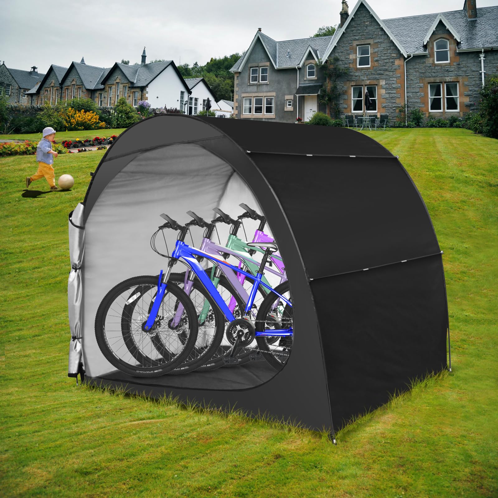 Bike Storage Tent, Outdoor Large Storage Sheds Covers for 4 Bikes, Waterproof Lawn Mower Garden Tools Shed Backyard Storage Tent Shelter