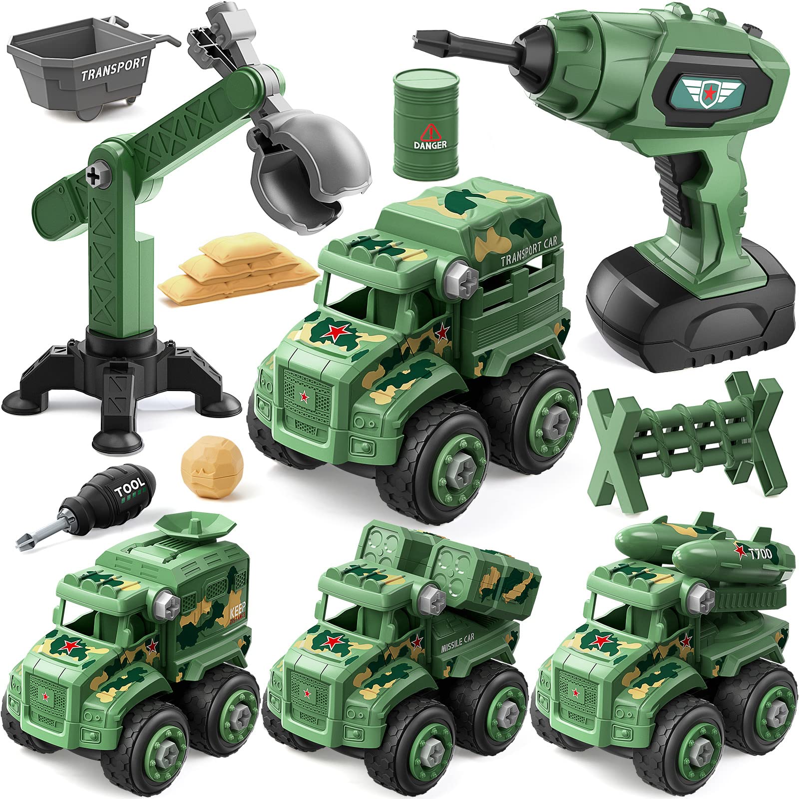 Geyiie Take Apart Toys for Kids, Army Building Truck with Electric Drill, Stem Toy DIY Assembly Military Vehicles Construction Tool Toy Gift for Toddler 3-8