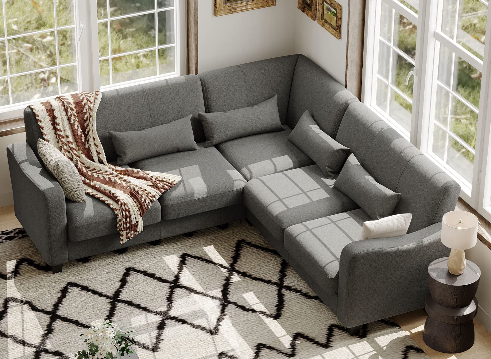 Belffin Fabric L Shaped Sofa Small Sectional Couch with Chaise Solid Corner Sofa Small L Couches 5 Seater Sofa Light Grey