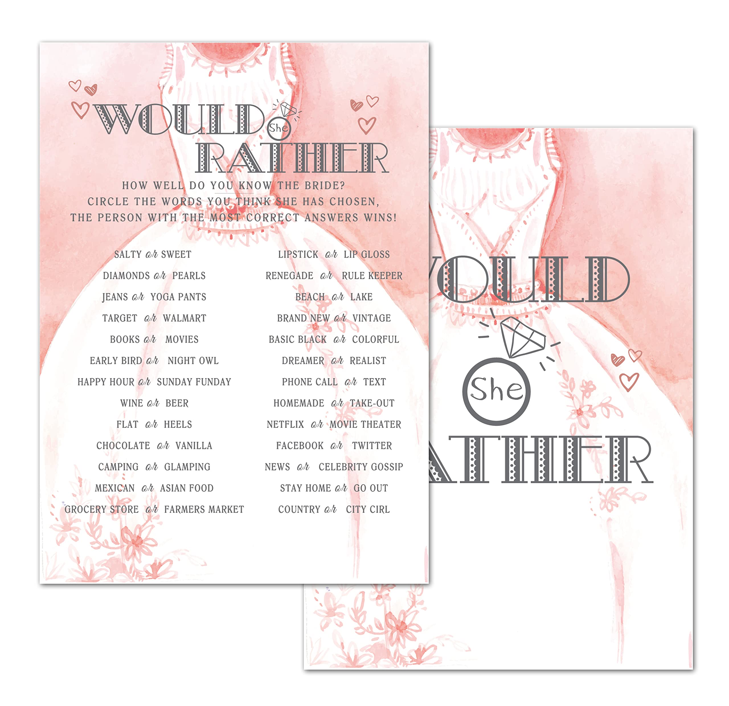 Bridal Shower Games - Would She Rather Game - Wedding Shower Games Cards - Engagement Party Games - 30 Cards Pack(dress08)