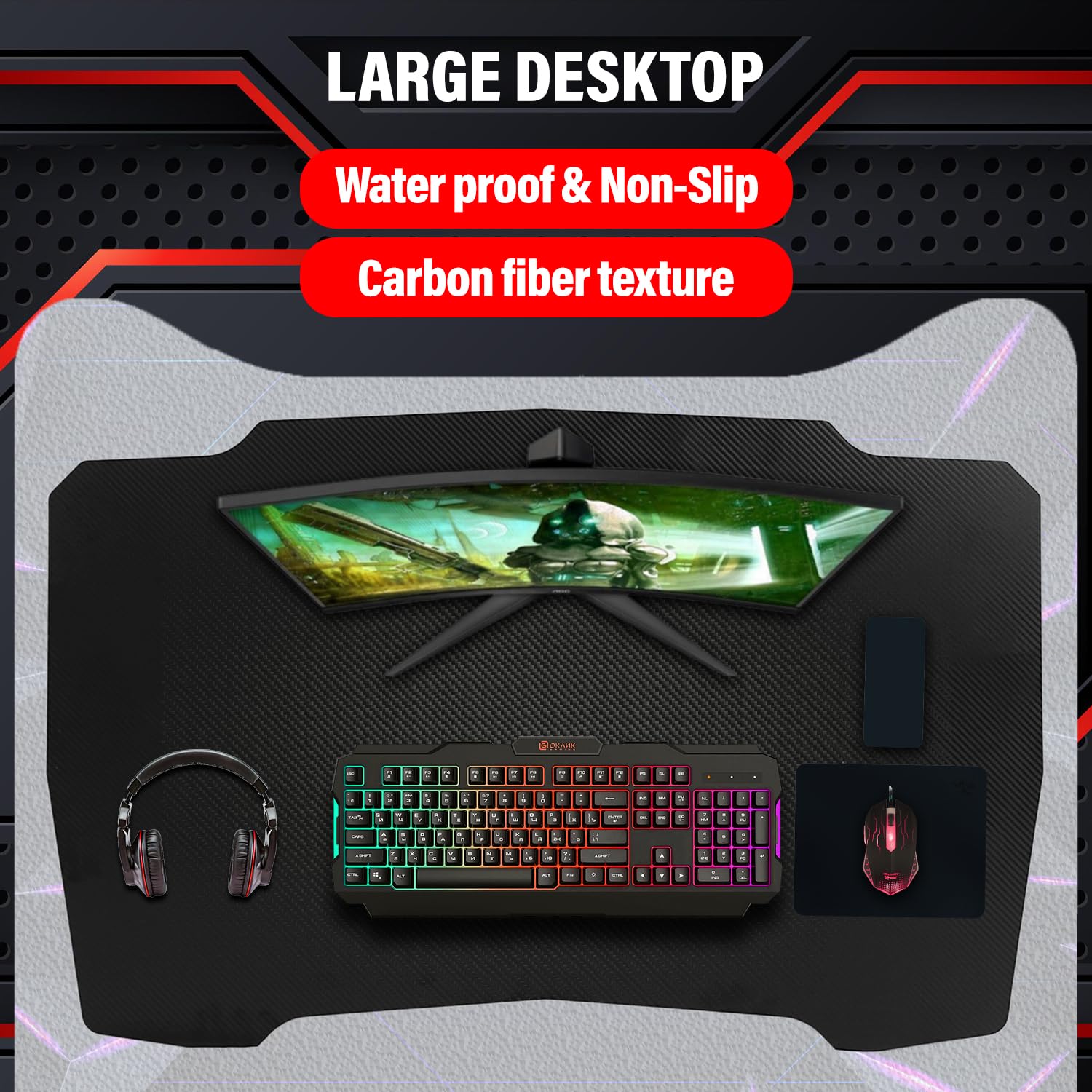 MGHH 47 Inch Gaming Desk Computer Desk Home Office Desk Z Shaped Ergonomic Simple PC Workstaion Gaming Table with Carbon Fibre Surface Headphone Hook Adjustable Leveling Foot for Gamer Player,Red